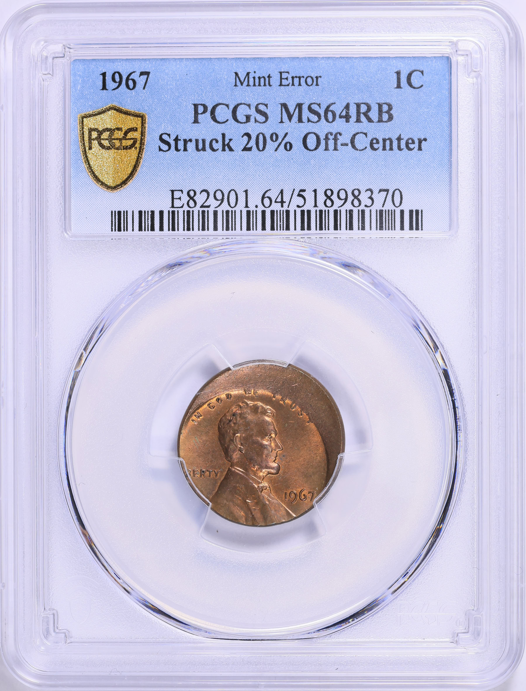 Mint Error 1967 Lincoln Cent Struck 20% Off-Center PCGS MS-64 RB | PCGS ...