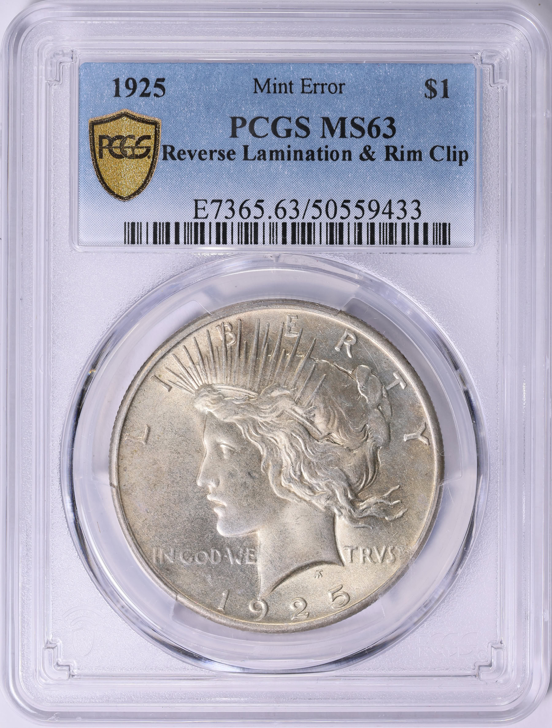Mint Error 1925 Peace Silver Dollar Reverse Lamination & Rim Clip PCGS ...