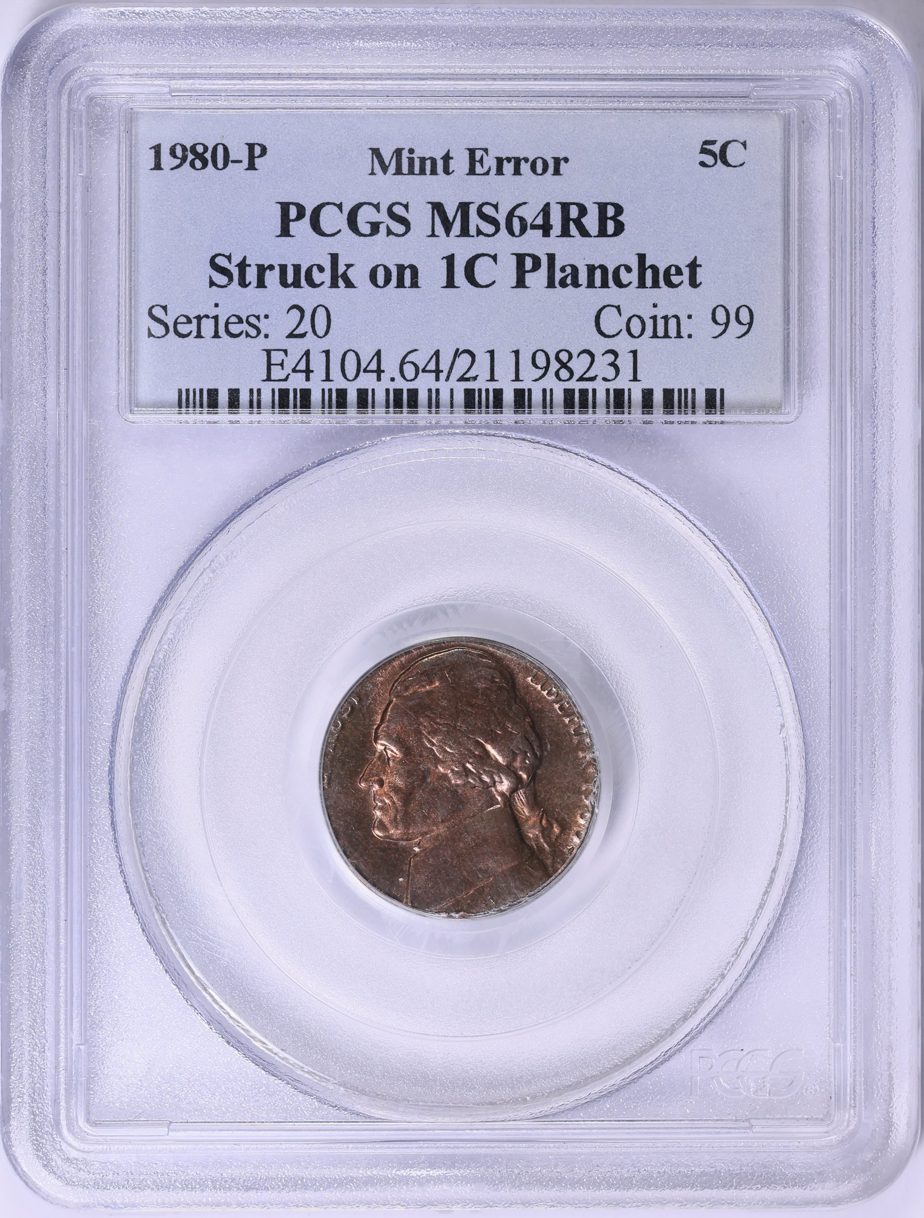 Mint Error 1980-P Jefferson Nickel Struck on 1c Planchet PCGS MS-64 RB ...