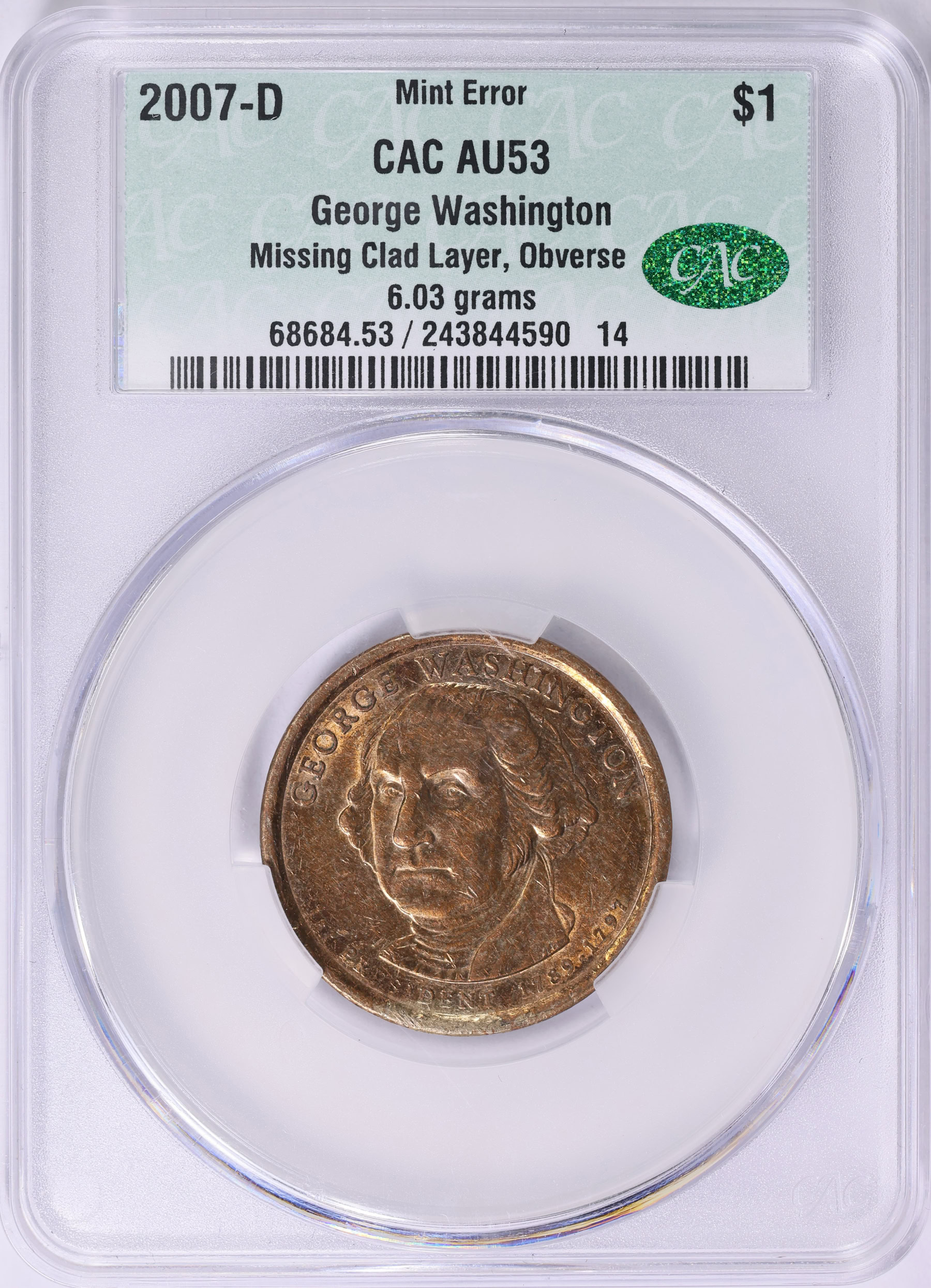 Mint Error 2007-D Presidential Dollar George Washington Missing Clad ...