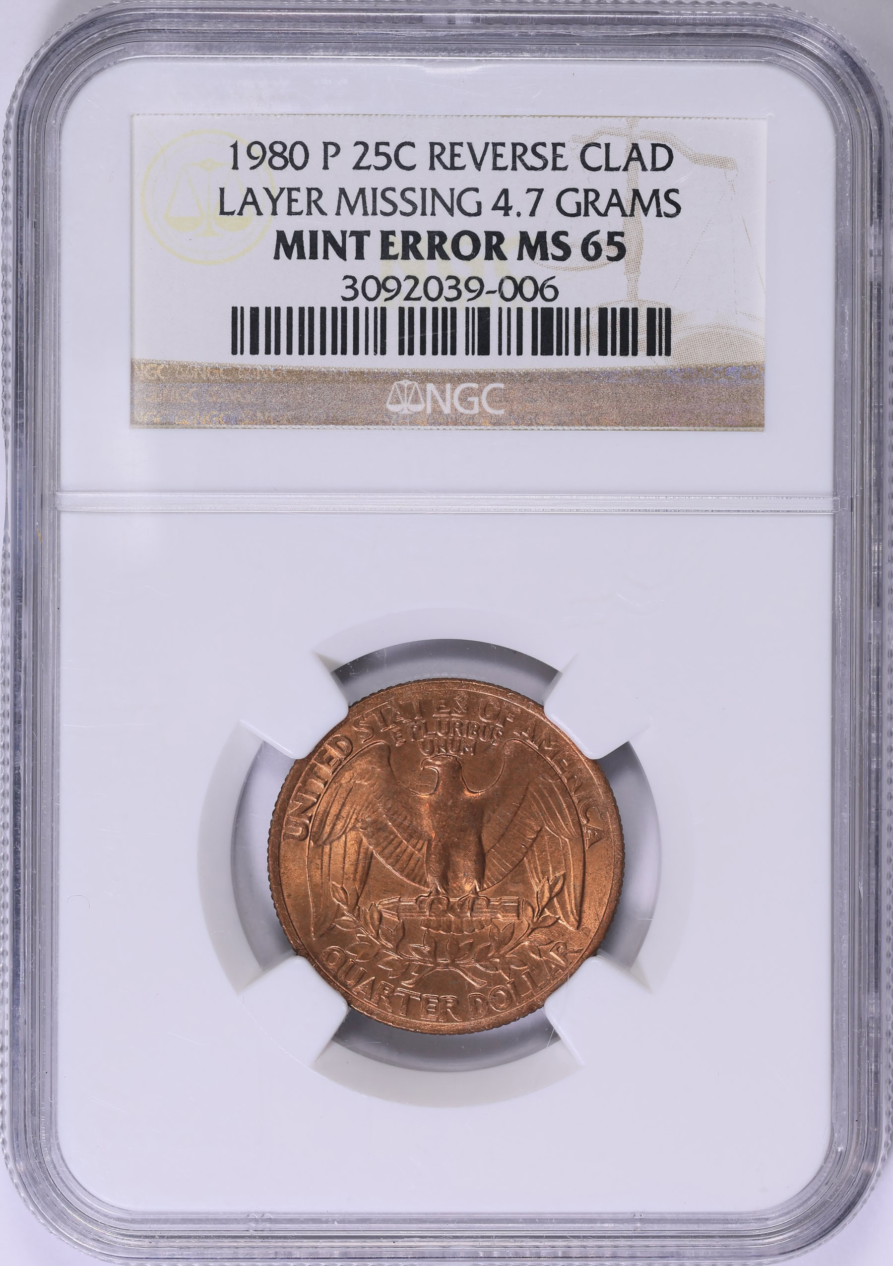Mint Error 1980-P Washington Quarter Reverse Clad Layer Missing 4.7 grams NGC MS-65 | NGC Cert ...
