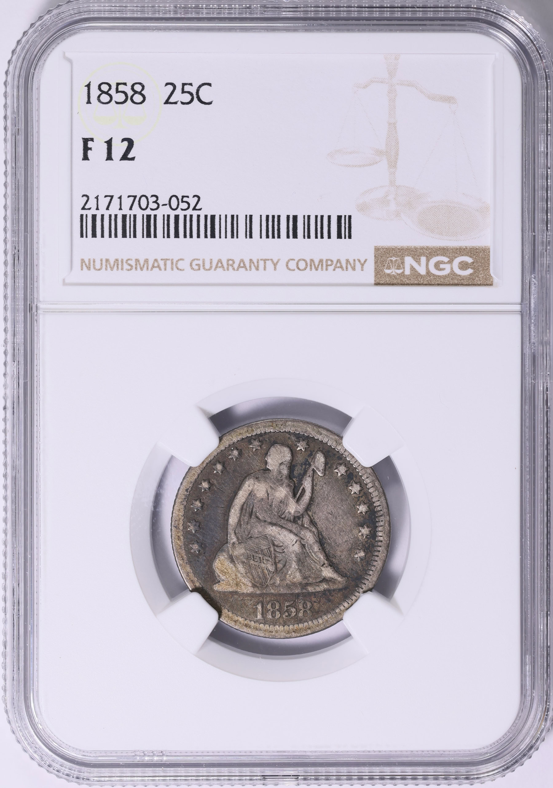 1858 Seated Liberty Quarter NGC F-12 (Toned) (Item 1841512) | GreatCollections Coin Auctions