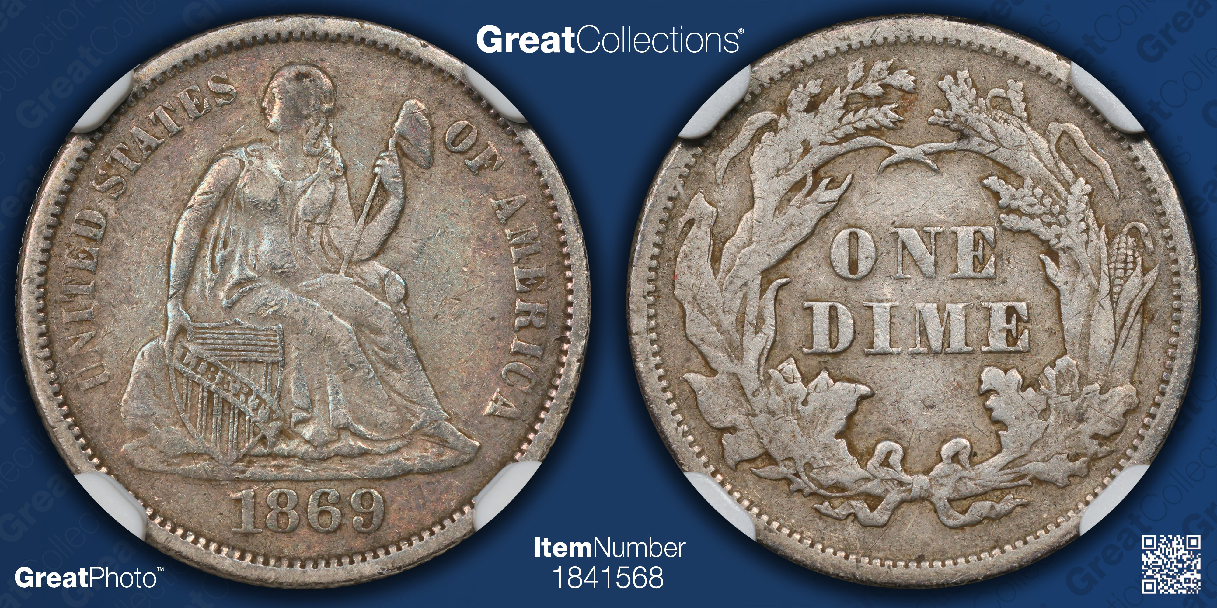 1869 Seated Liberty Dime NGC VF-35 (Item 1841568) | GreatCollections ...