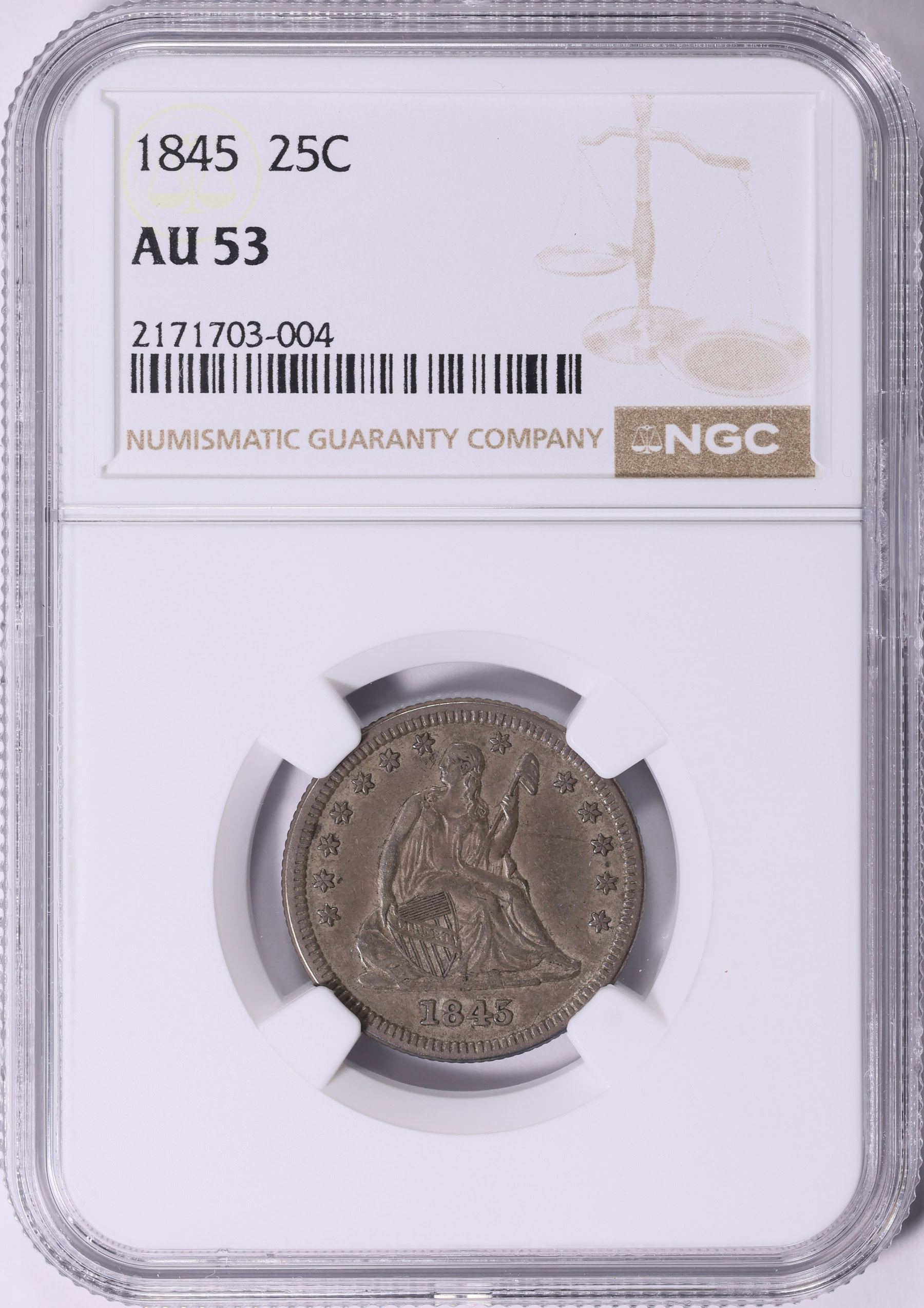 1845 Seated Liberty Quarter NGC AU-53 (Item 1841593) | GreatCollections Coin Auctions