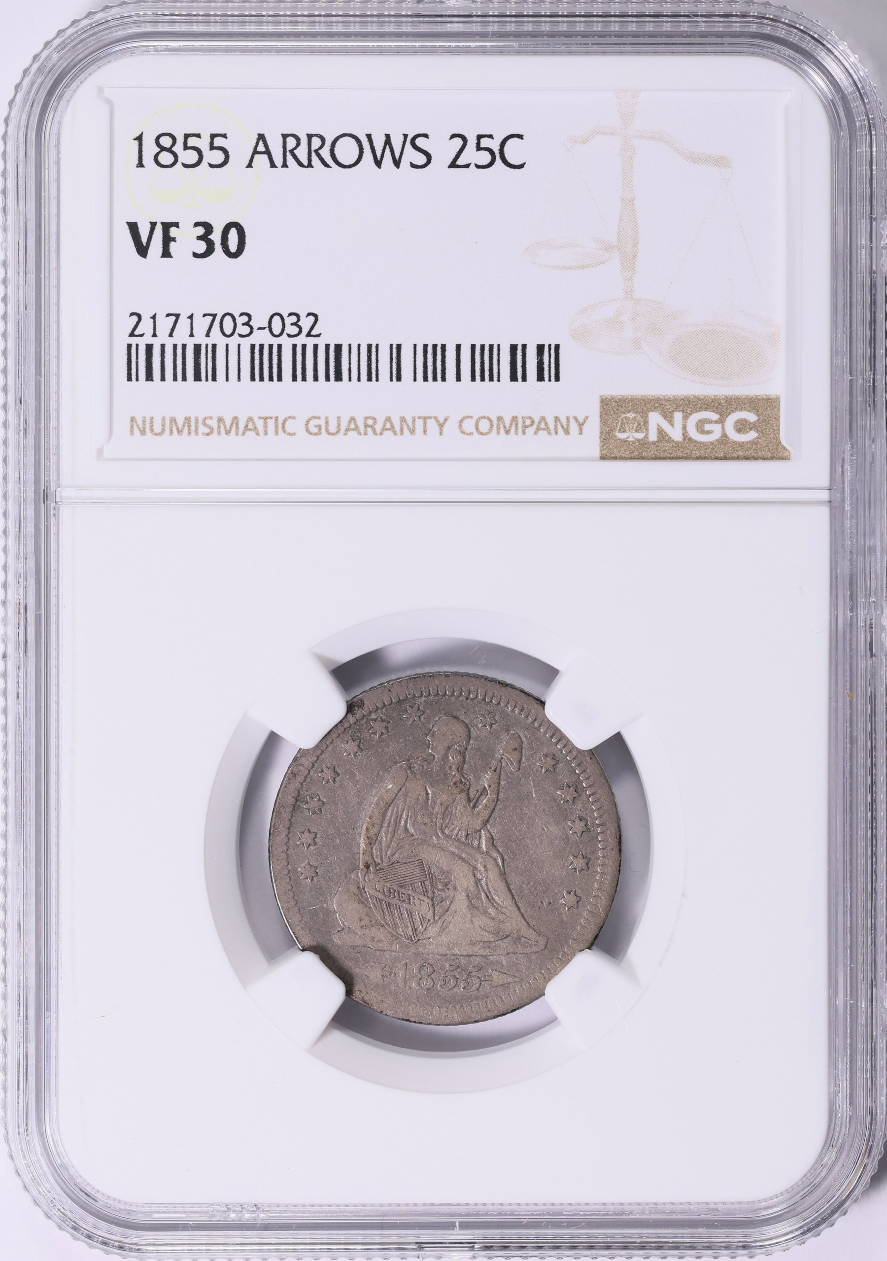1855 Seated Liberty Quarter Arrows NGC VF-30 (Item 1841598) | GreatCollections Coin Auctions