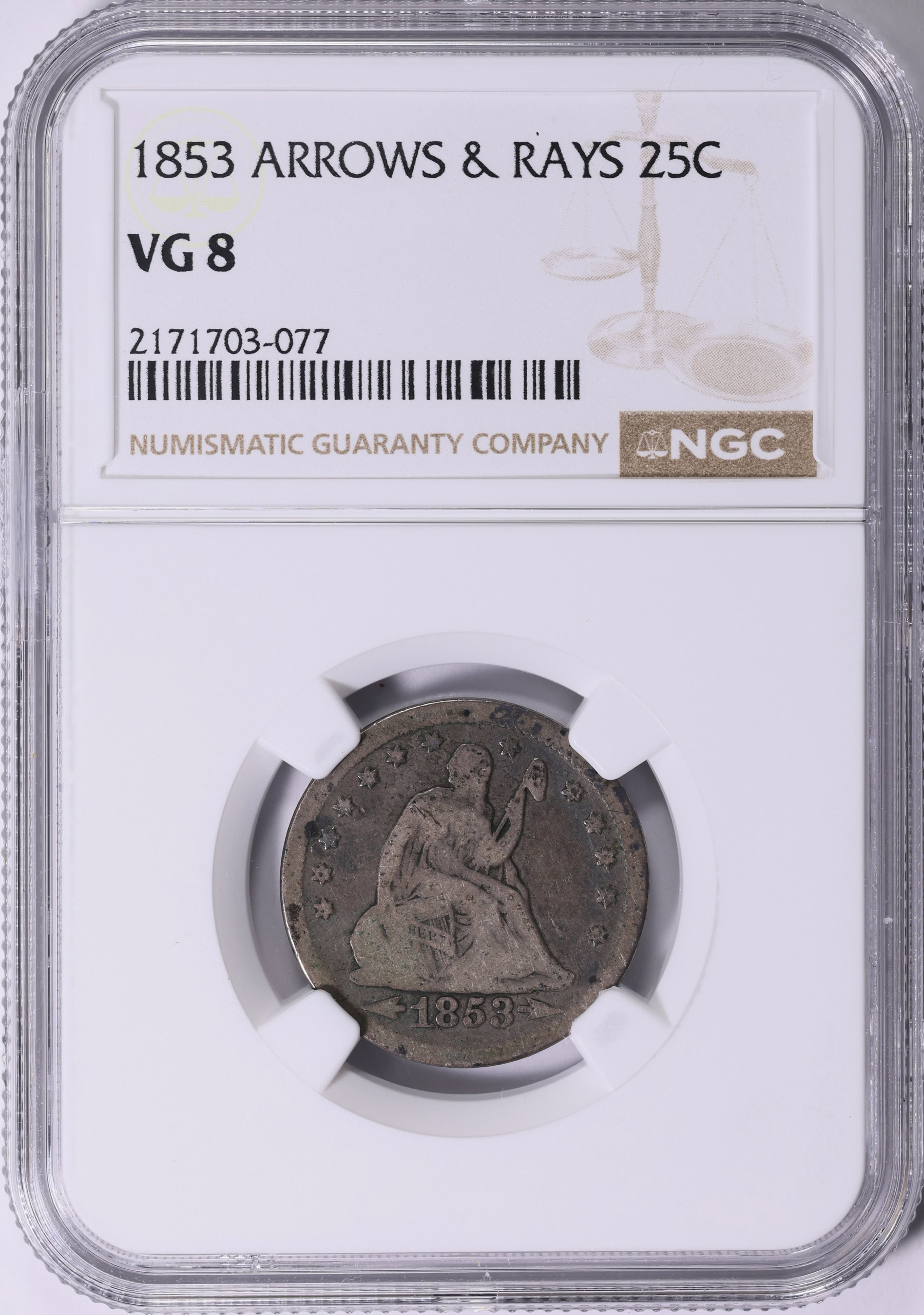 1853 Seated Liberty Quarter Arrows and Rays NGC VG-08 (Toned) (Item 1841604) | GreatCollections ...