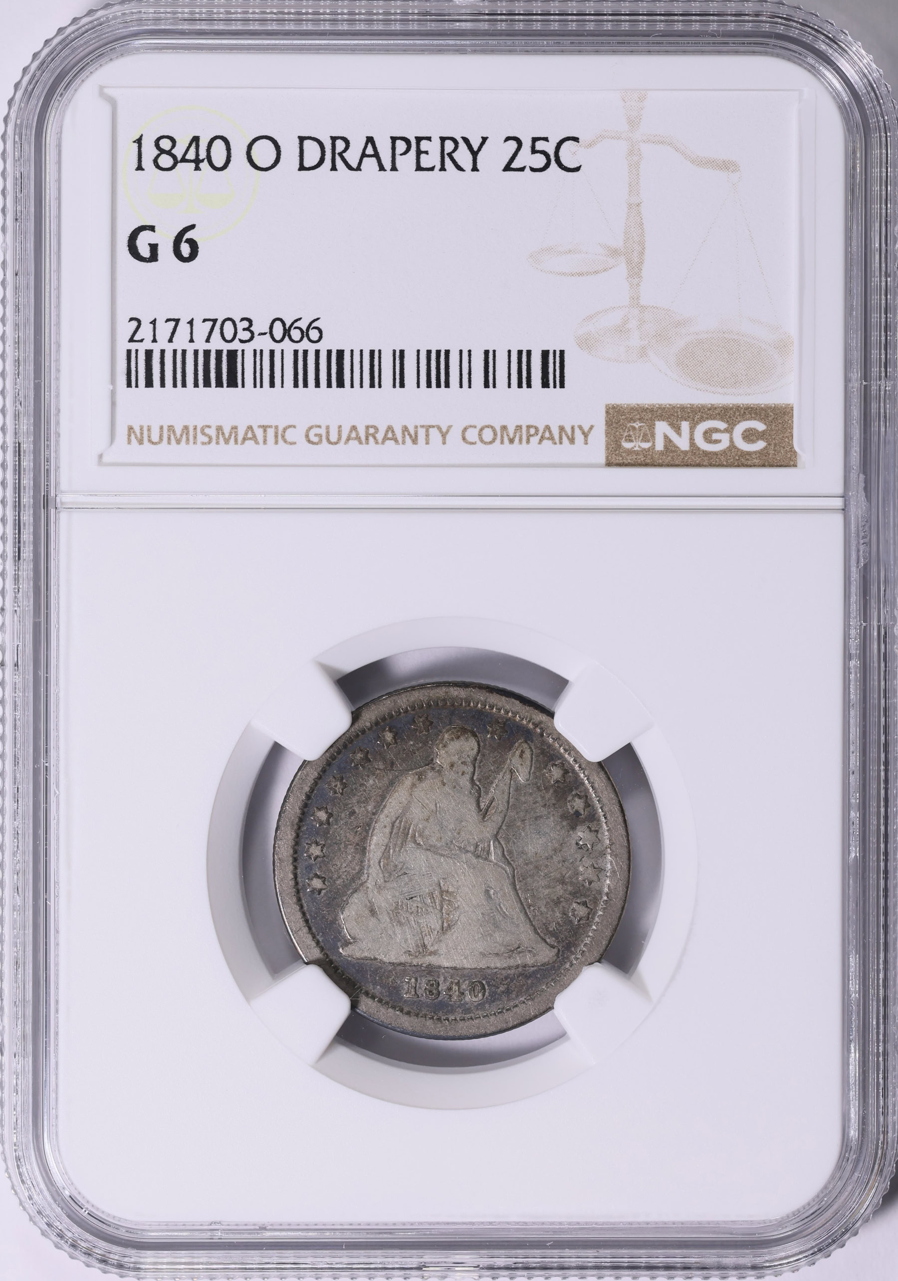 1840-O Seated Liberty Quarter Drapery NGC G-06 (Toned) (Item 1841609) | GreatCollections Coin ...
