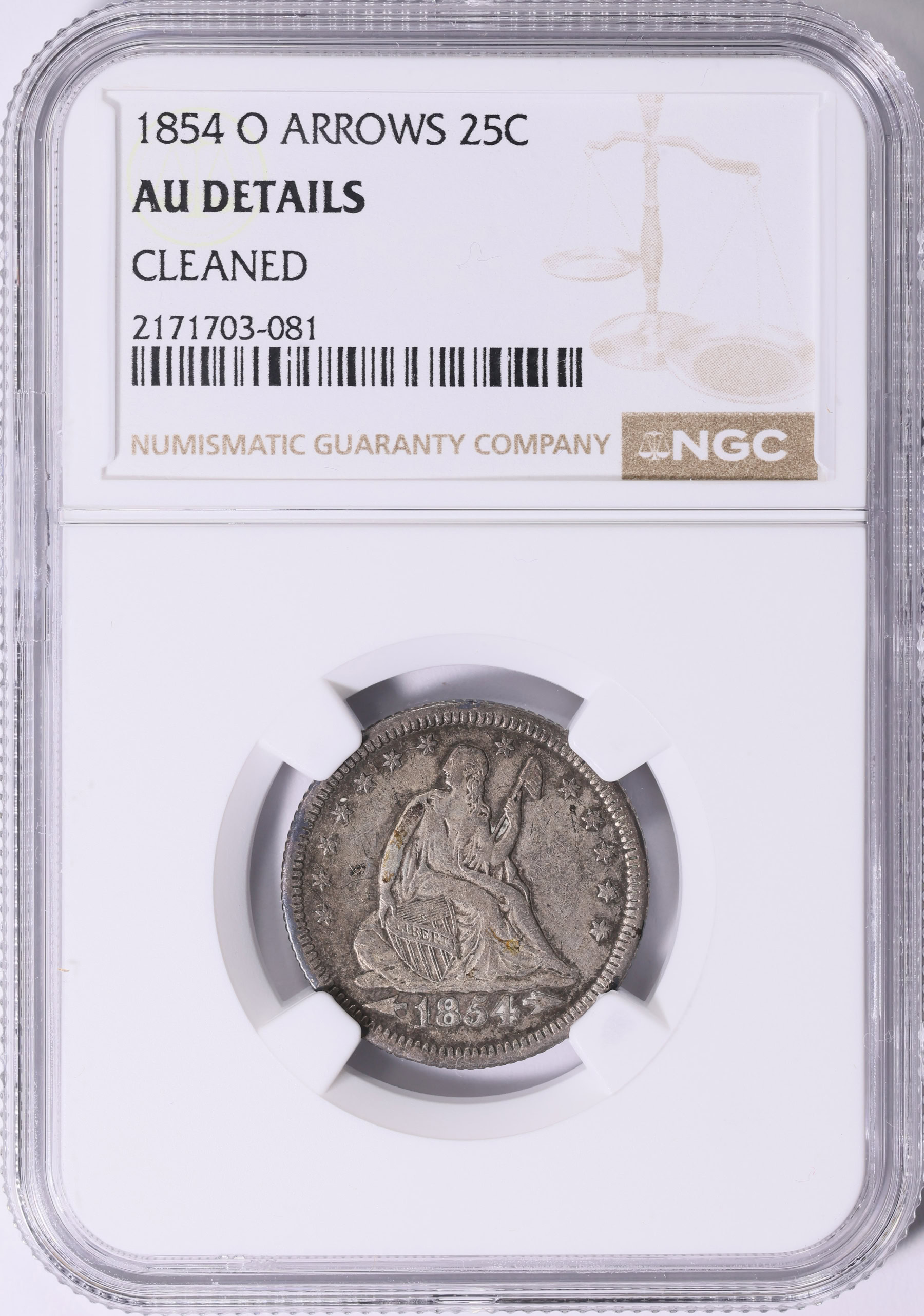 1854-O Seated Liberty Quarter Arrows NGC AU Details (Item 1841629) | GreatCollections Coin Auctions