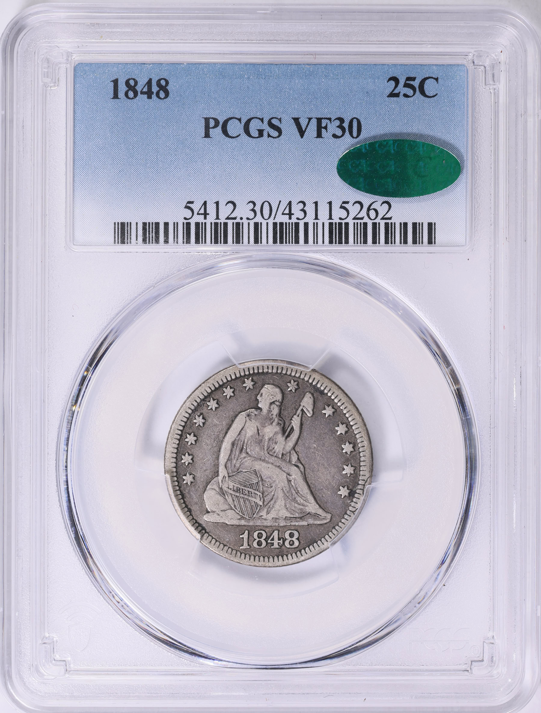 1848 Seated Liberty Quarter PCGS VF-30 (CAC Green) (Item 1841799) | GreatCollections Coin Auctions
