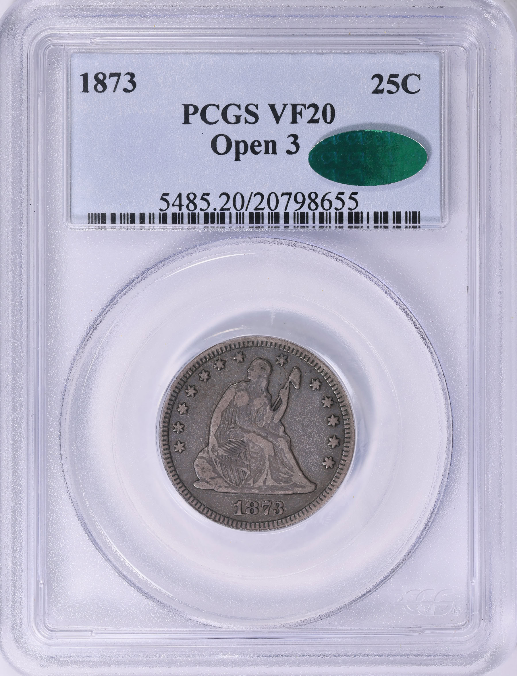 1873 Seated Liberty Quarter No Arrows, Open 3 PCGS VF-20 (CAC Green) (Item 1841800 ...