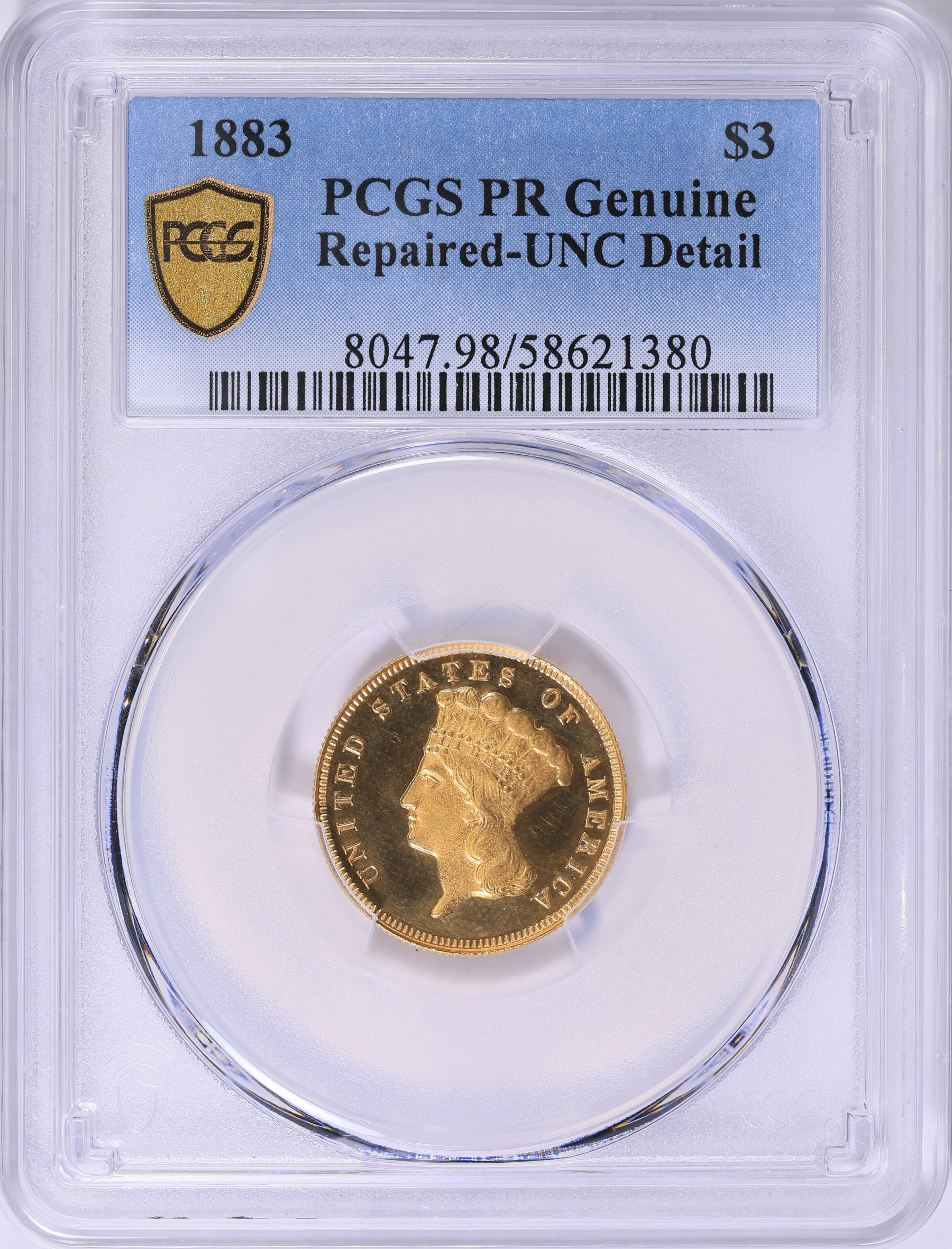 1883 Three-Dollar Gold Piece PCGS Proof Genuine Unc Details (Item ...
