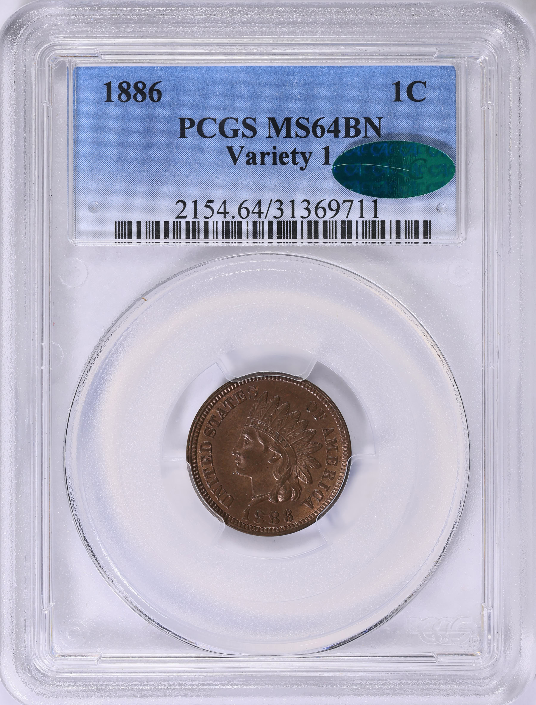 1886 Indian Cent Variety 1 PCGS MS-64 BN (CAC Green) (Item 1841839) | GreatCollections Coin Auctions