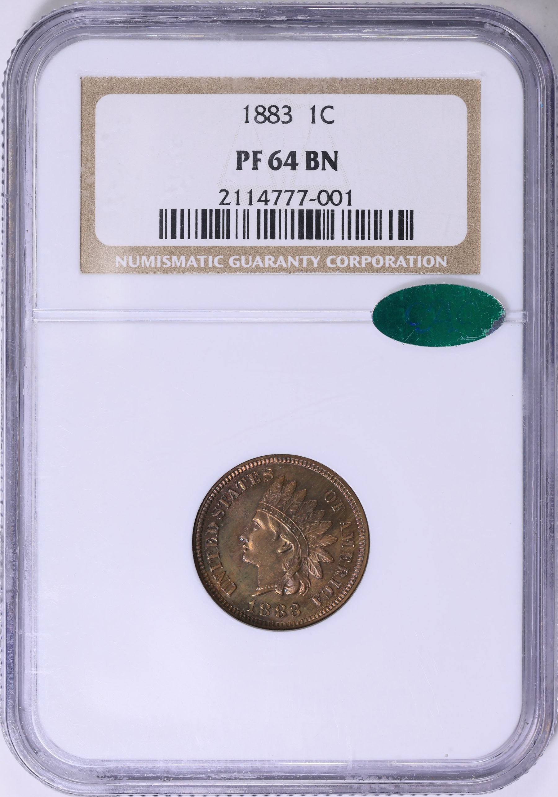 1883 Indian Cent NGC Proof-64 BN (CAC Green) (Toned) (Item 1841874) | GreatCollections Coin Auctions