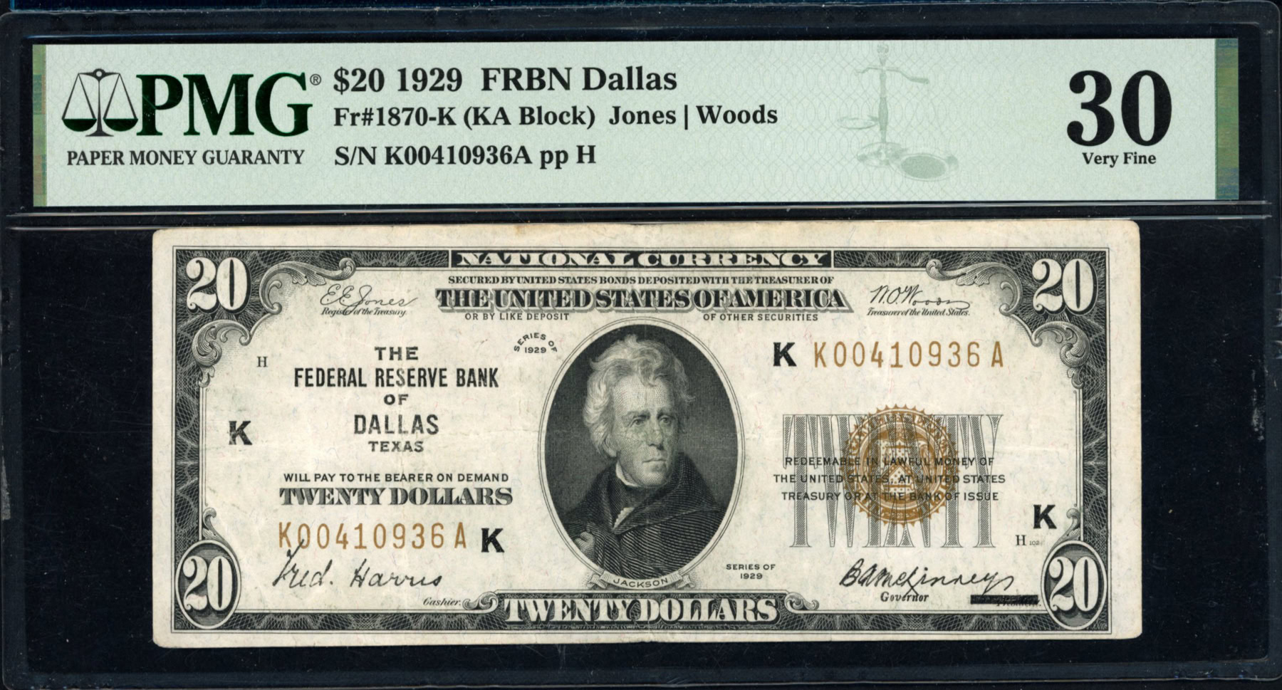Fr. 1870-K (KA Block) 1929 $20 Dallas Federal Reserve Bank Note Jones ...