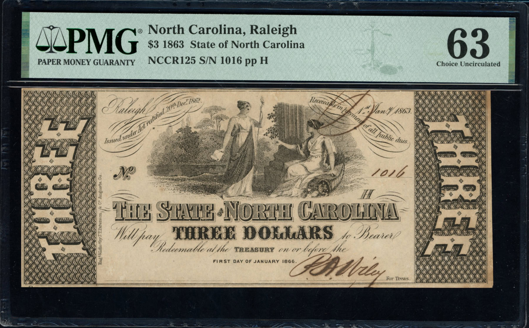 1863 Raleigh, North Carolina State of North Carolina $3 Note PMG Choice ...
