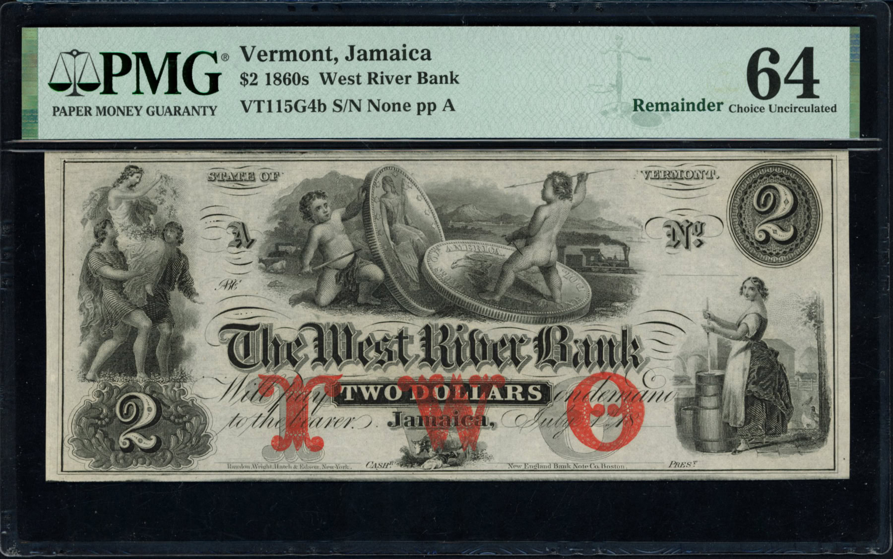 1860s Jamaica, Vermont West River Bank $2 Remainder Note PMG Choice ...