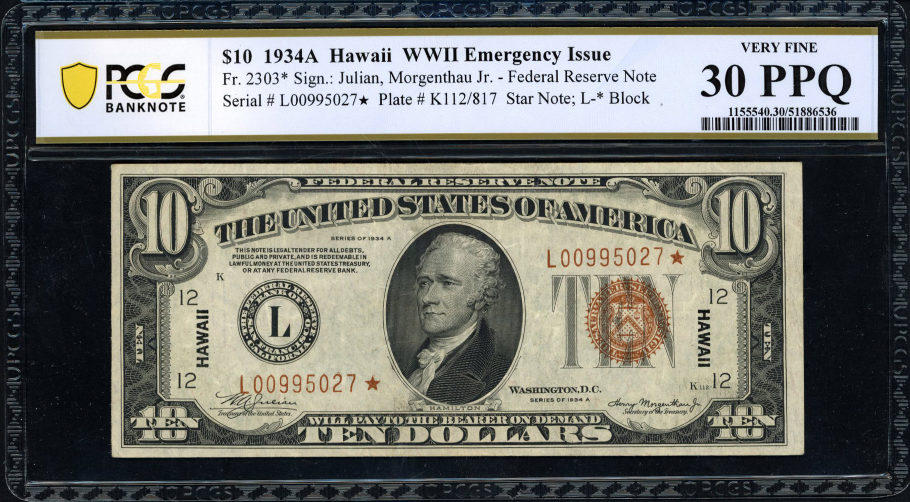 Fr. 2303* (L* Block) 1934A $10 Hawaii WWII Emergency Issue Star Note ...