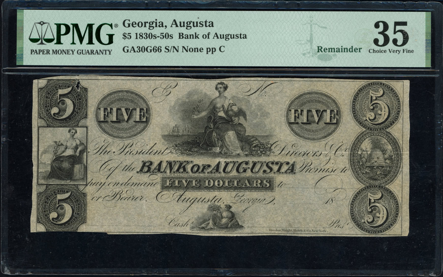 1830s-50s Augusta, Georgia Bank of Augusta $5 Remainder Note PMG Choice ...