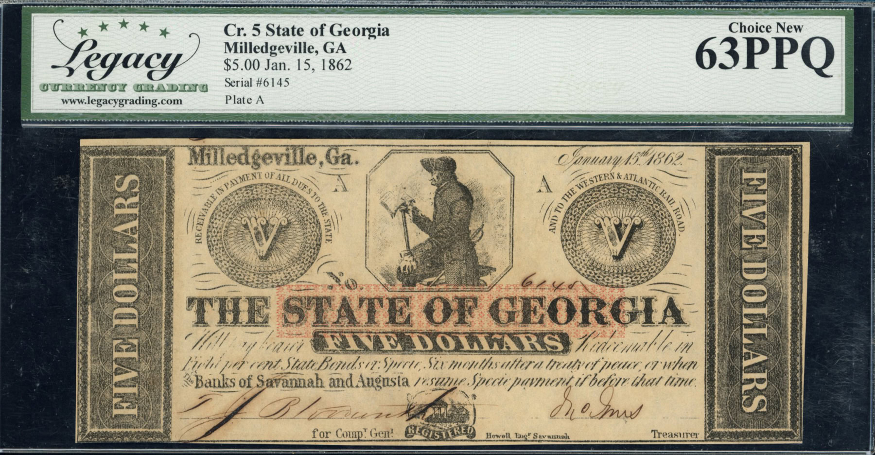 1862 Milledgeville, Georgia State of Georgia $5 Note Legacy Choice New ...