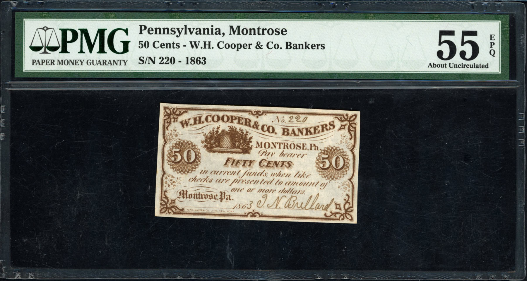 1863 Montrose, Pennsylvania W.H. Cooper & Co. Bankers 50 Cents ...