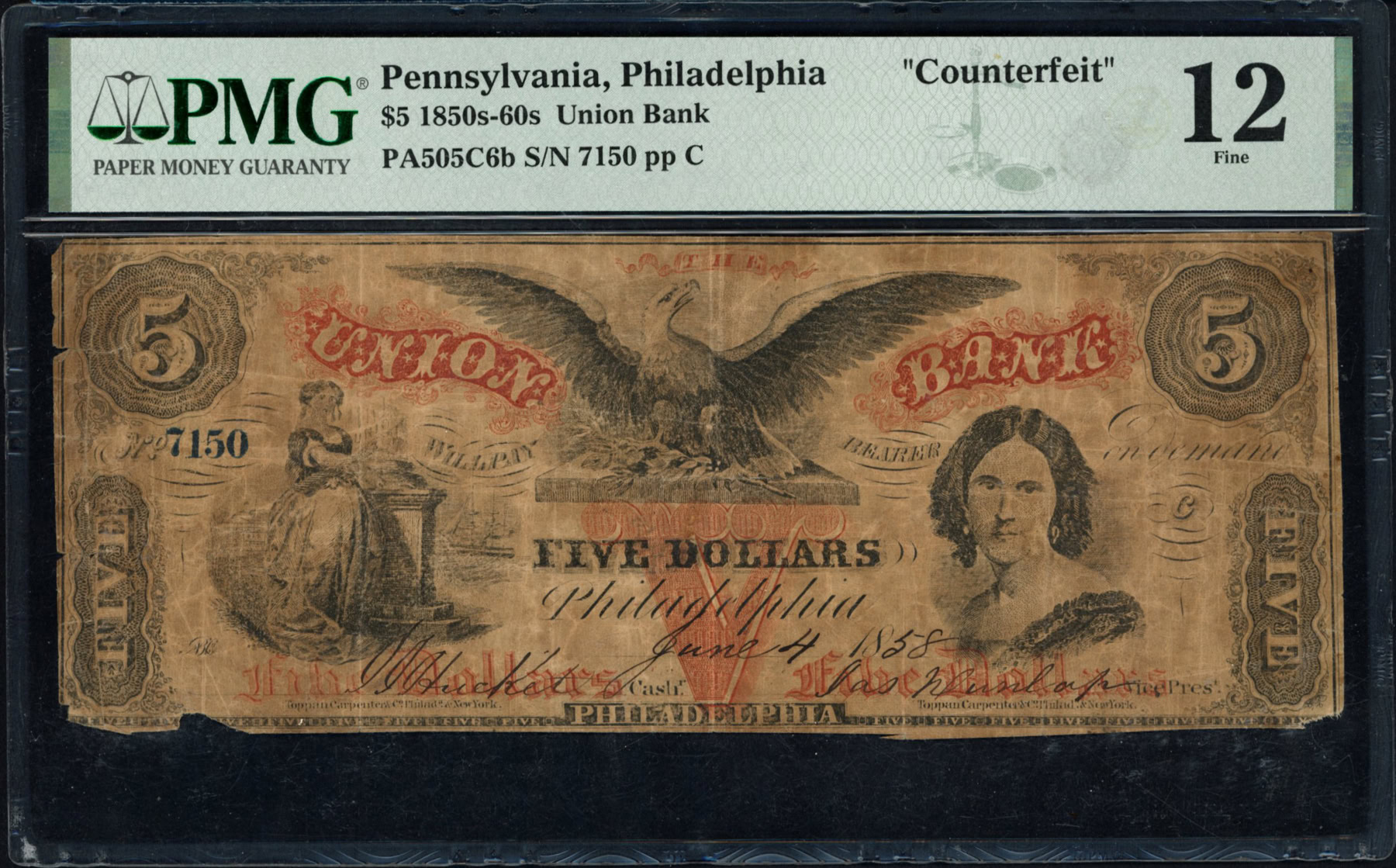 Jun. 4, 1858 Philadelphia, Pennsylvania Union Bank $5 Counterfeit Note ...