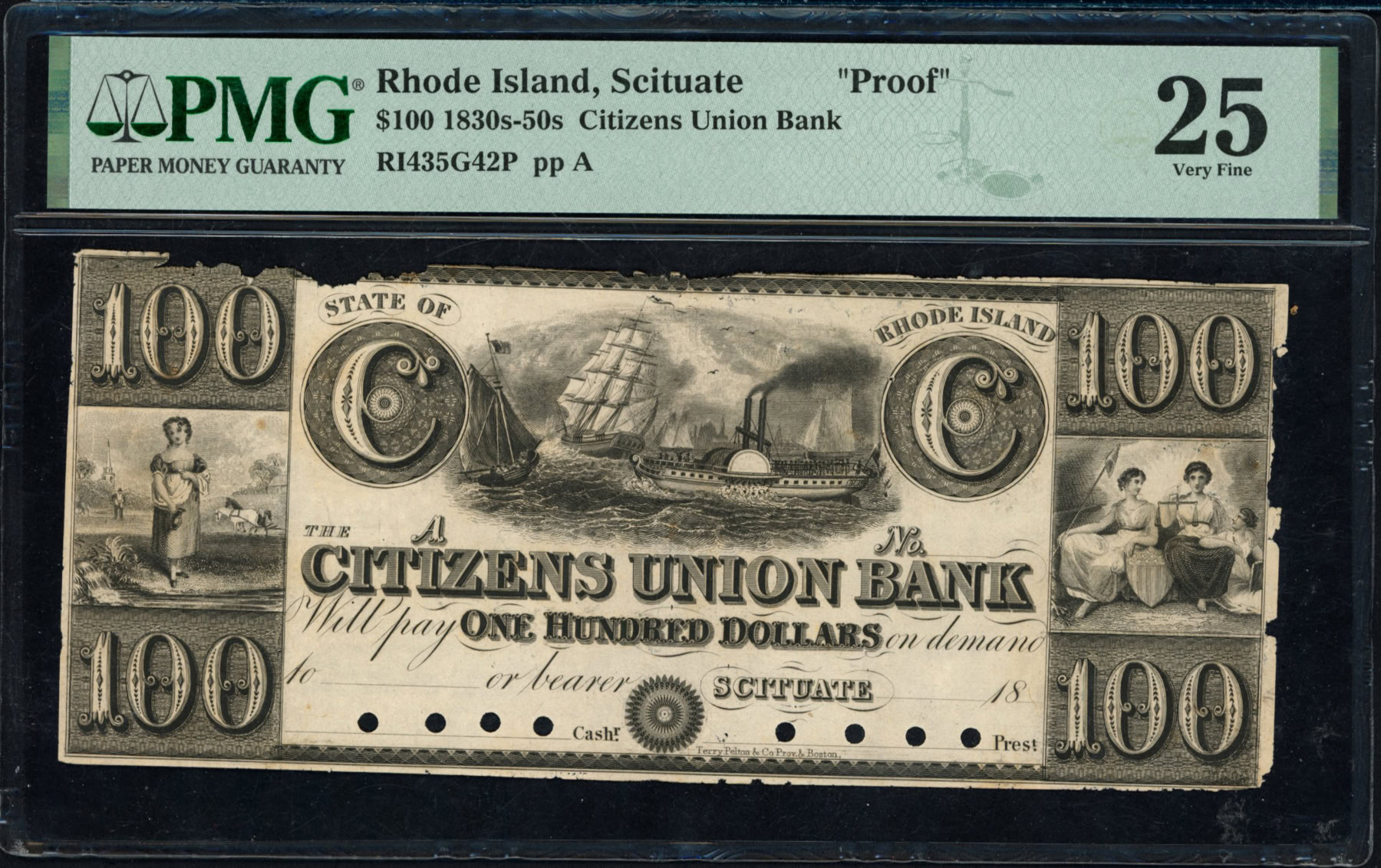 1830s-50s Scituate, Rhode Island Citizens Union Bank $100 Proof Note ...