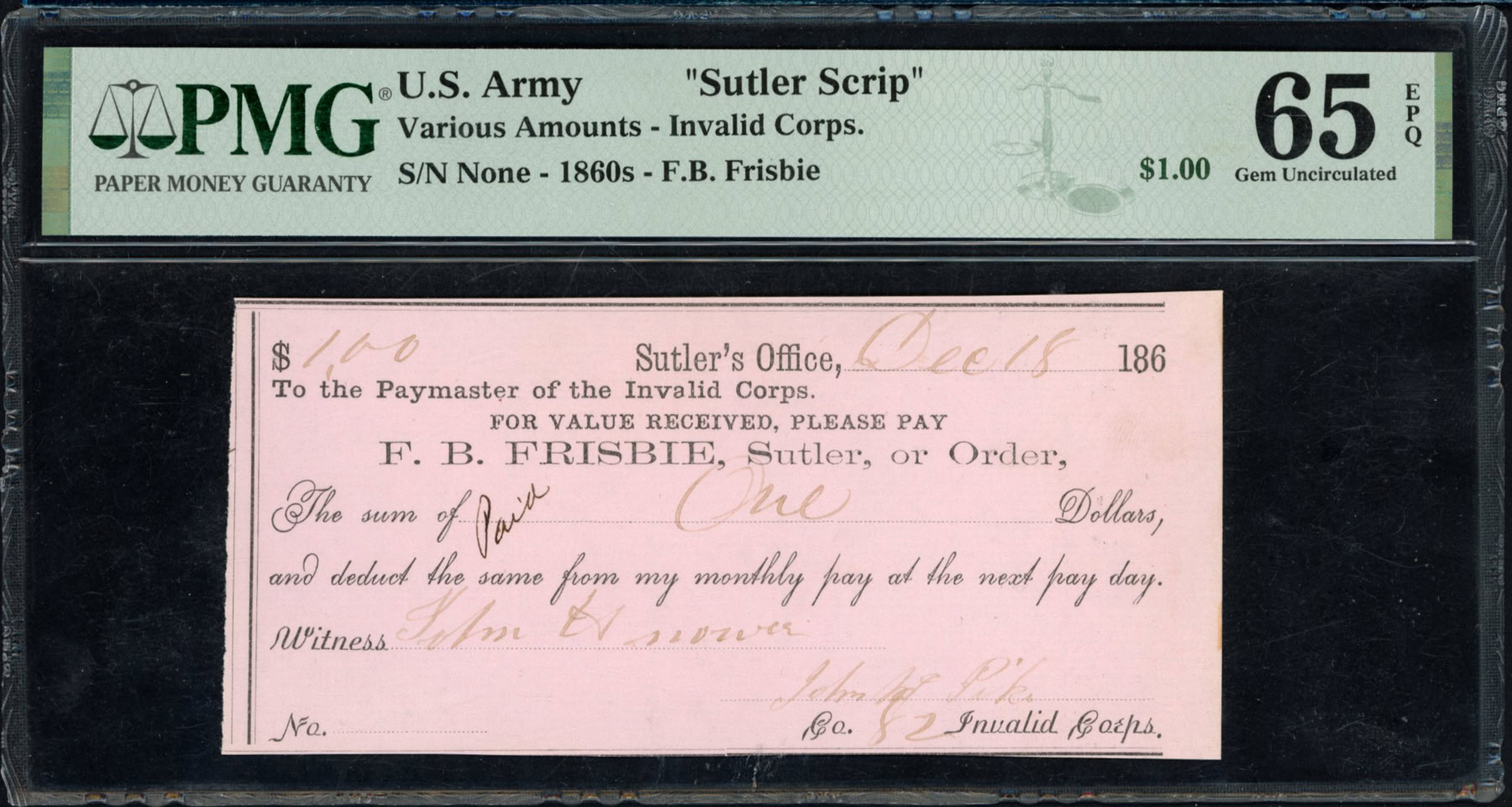 Dec. 18, 186_ U.S. Army Invalid Corp $1 Sutler Scrip Note PMG Gem ...