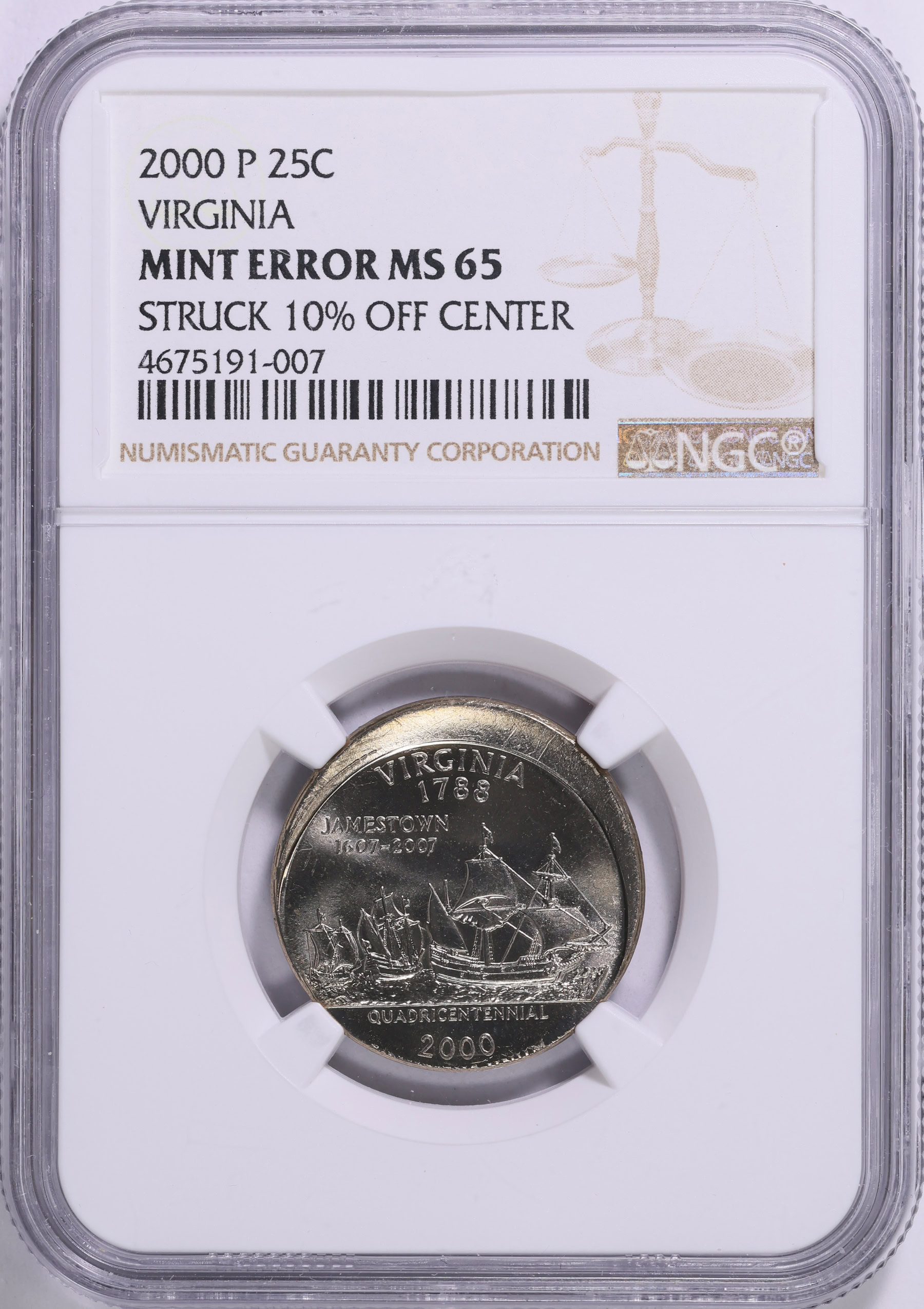 Mint Error 2000-P State Quarter Virginia Struck 10% Off Center NGC MS ...