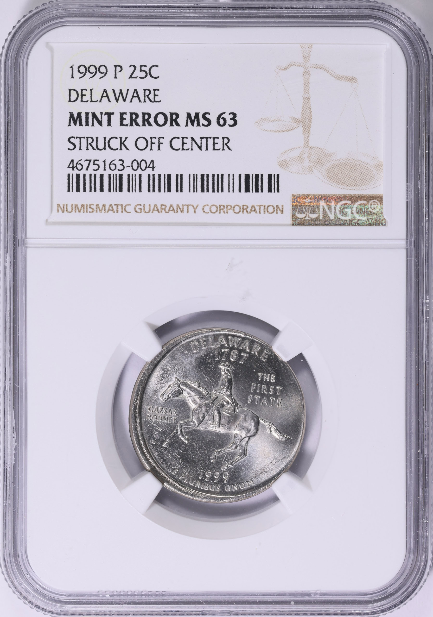 Mint Error 1999-P State Quarter Delaware Struck Off Center NGC MS-63 ...