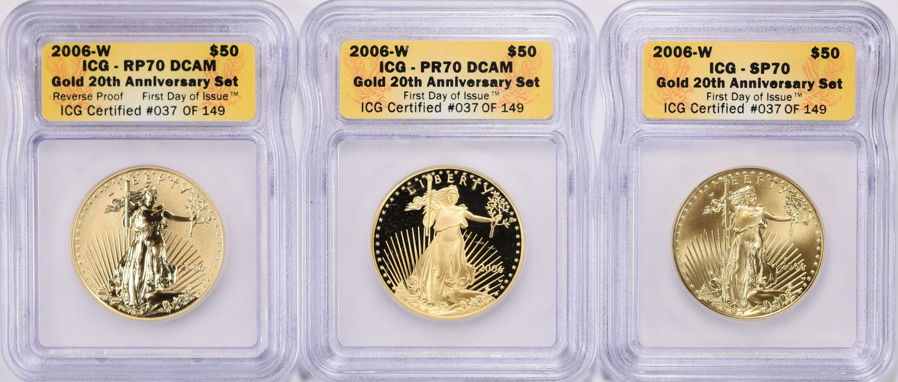 2006-W $50 One-Ounce Gold American Eagle 20th Anniversary Set Including Reverse Proof First Day ...