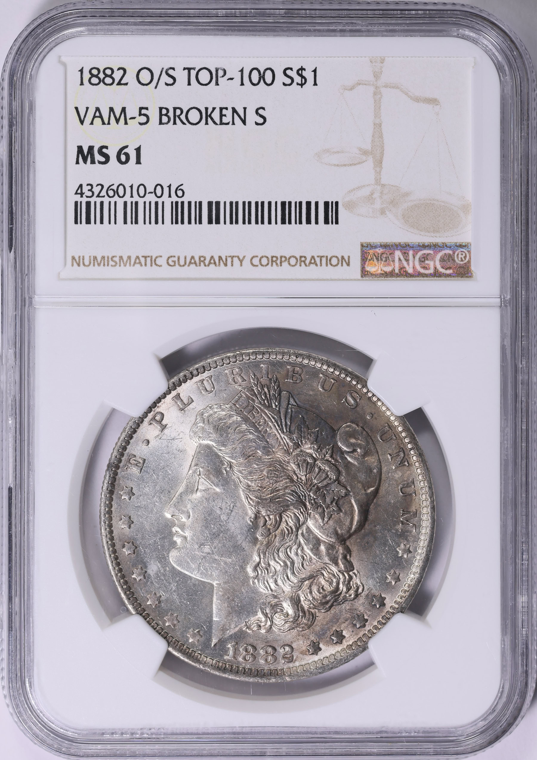 1882-O/S Morgan Silver Dollar Broken S VAM-5 Top 100 NGC MS-61 (Item 1842088) | GreatCollections ...