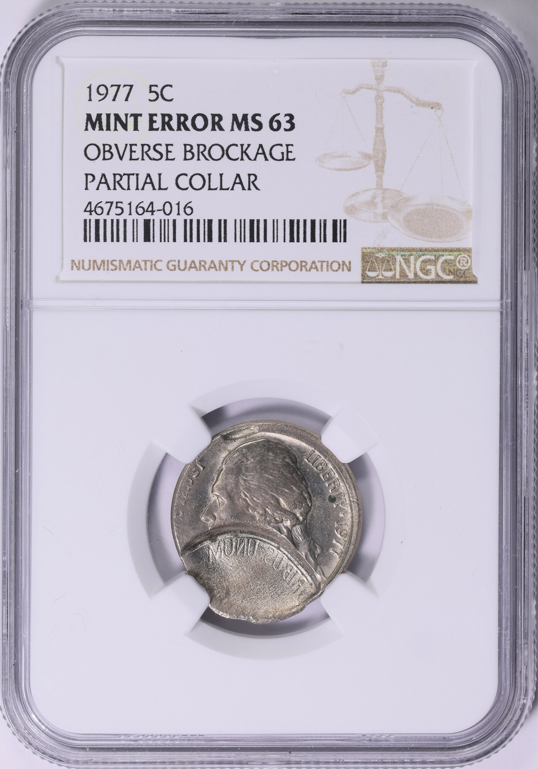 Mint Error 1977 Jefferson Nickel Obverse Brockage Partial Collar NGC MS-63 | NGC Cert #4675164 ...