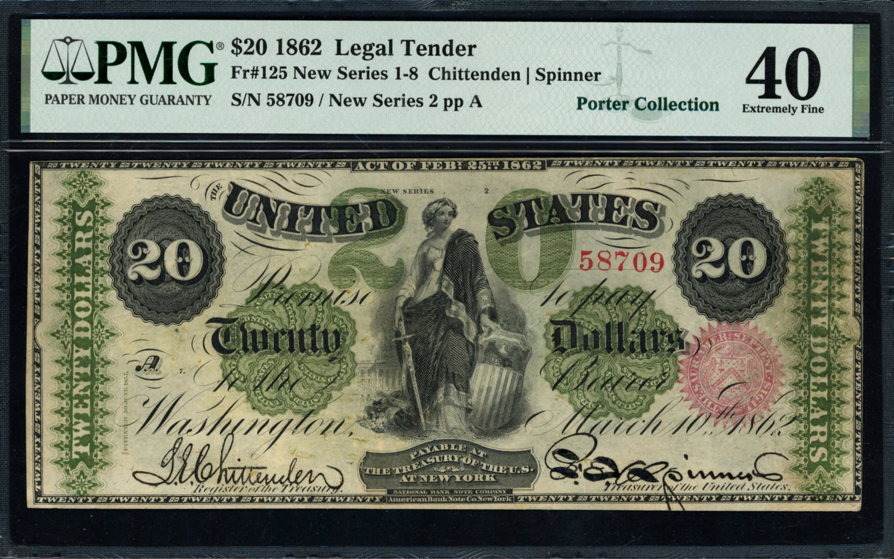Fr. 125 1862 $20 Legal Tender Note New Series 2 Chittenden / Spinner ...