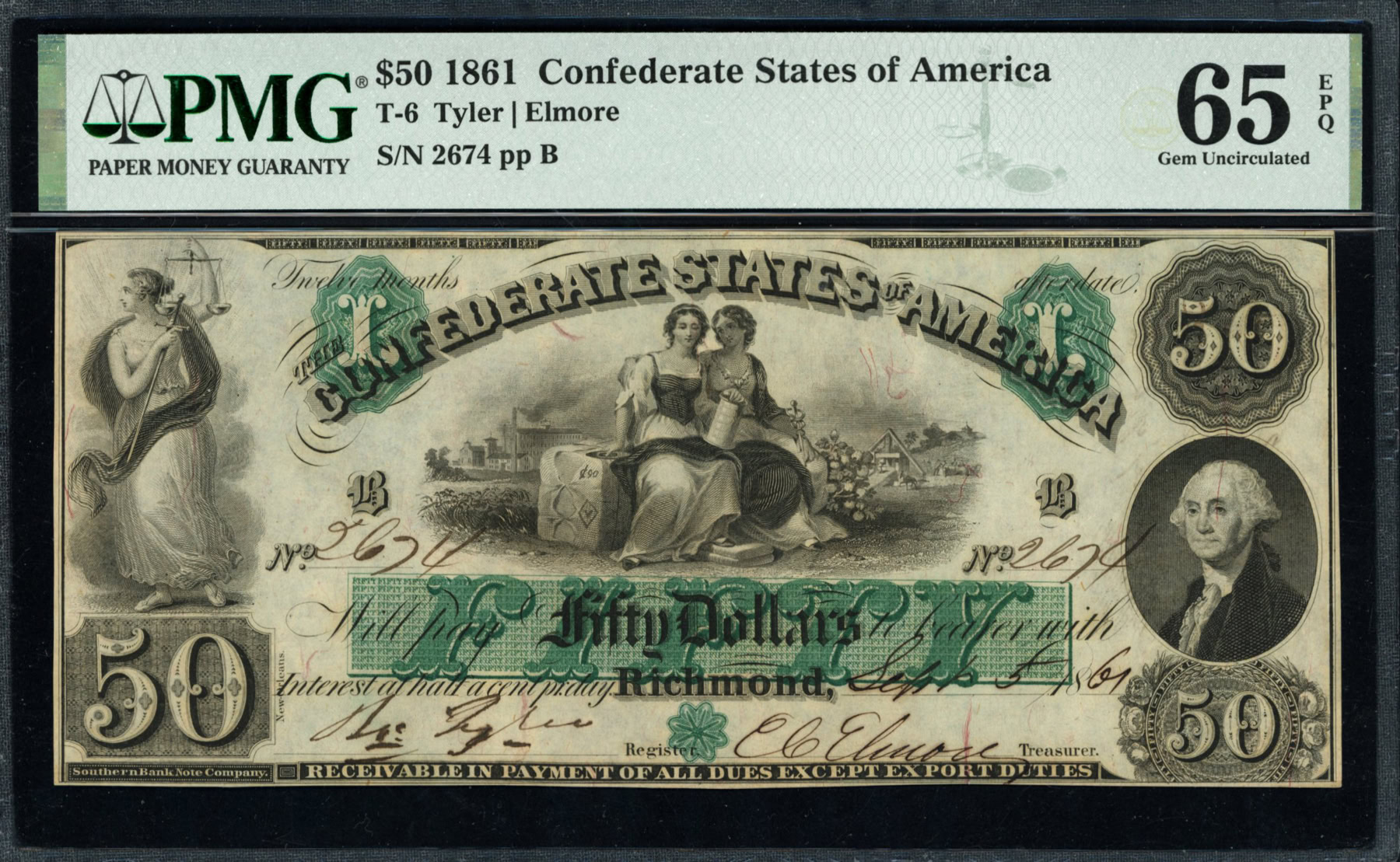 T-6 Confederate States of America 1861 $50 Note Tyler / Elmore PMG Gem ...