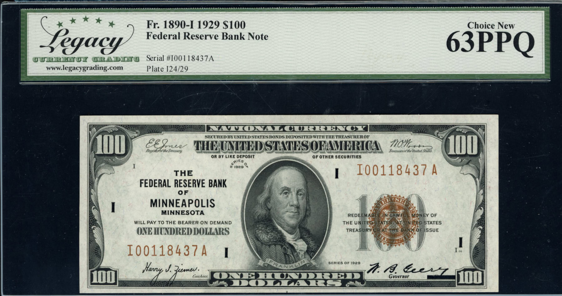 Fr. 1890-I (IA Block) 1929 $100 Minneapolis Federal Reserve Bank Note ...