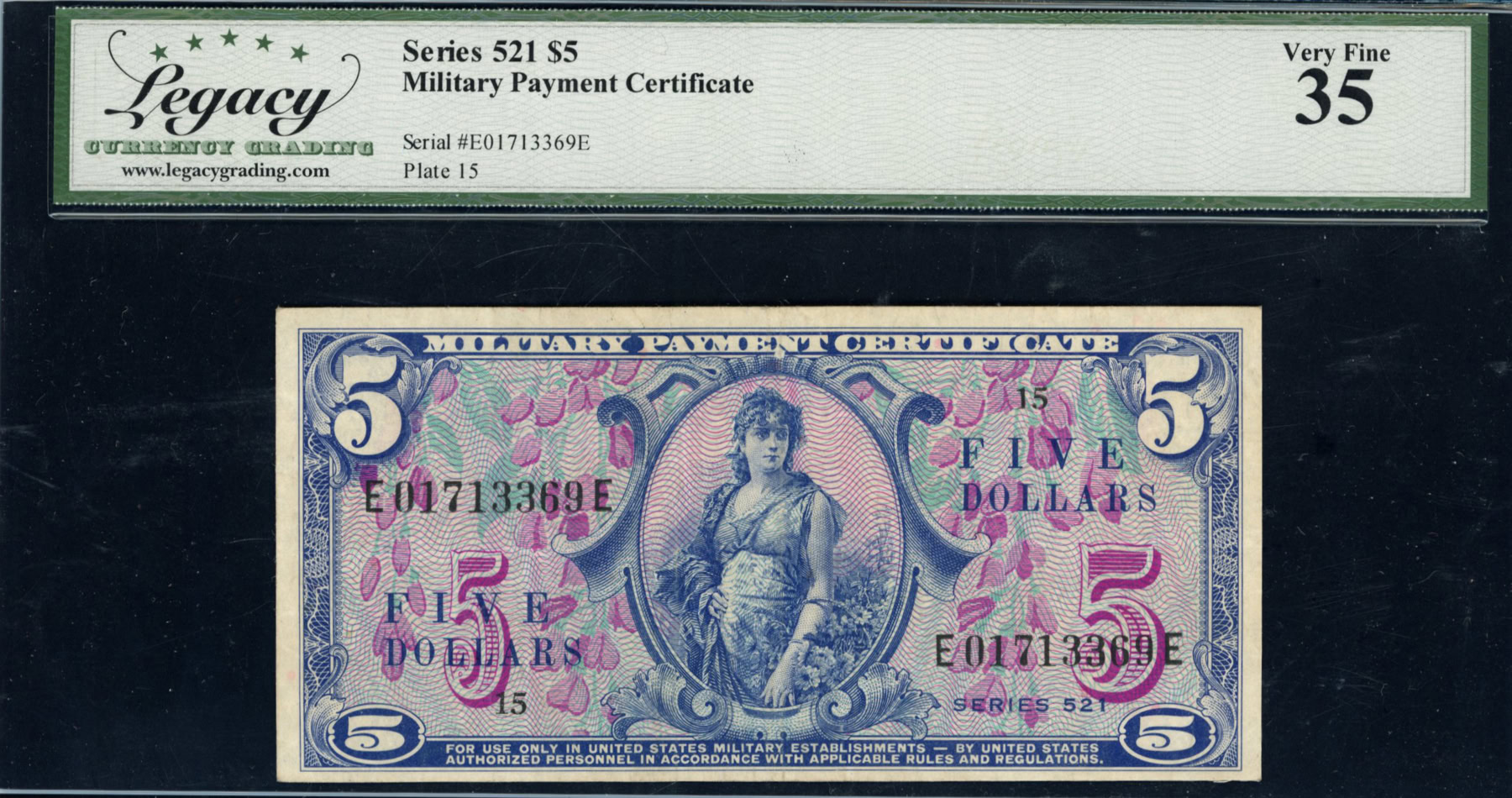 Series 521 $5 Military Payment Certificate Highest Note First Printing ...
