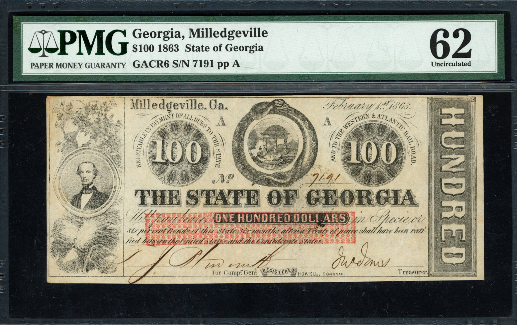 1863 Milledgeville, Georgia State of Georgia $100 Note PMG Uncirculated ...