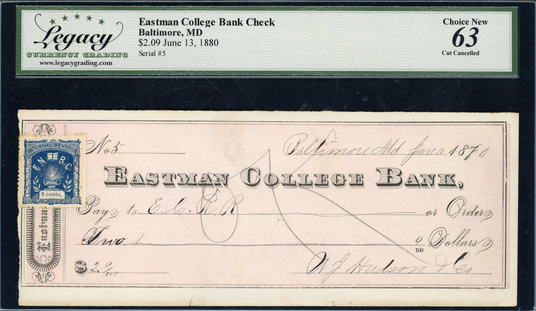 Jun. 13, 1880 Baltimore, Maryland $2.09 Eastman College Bank Check ...