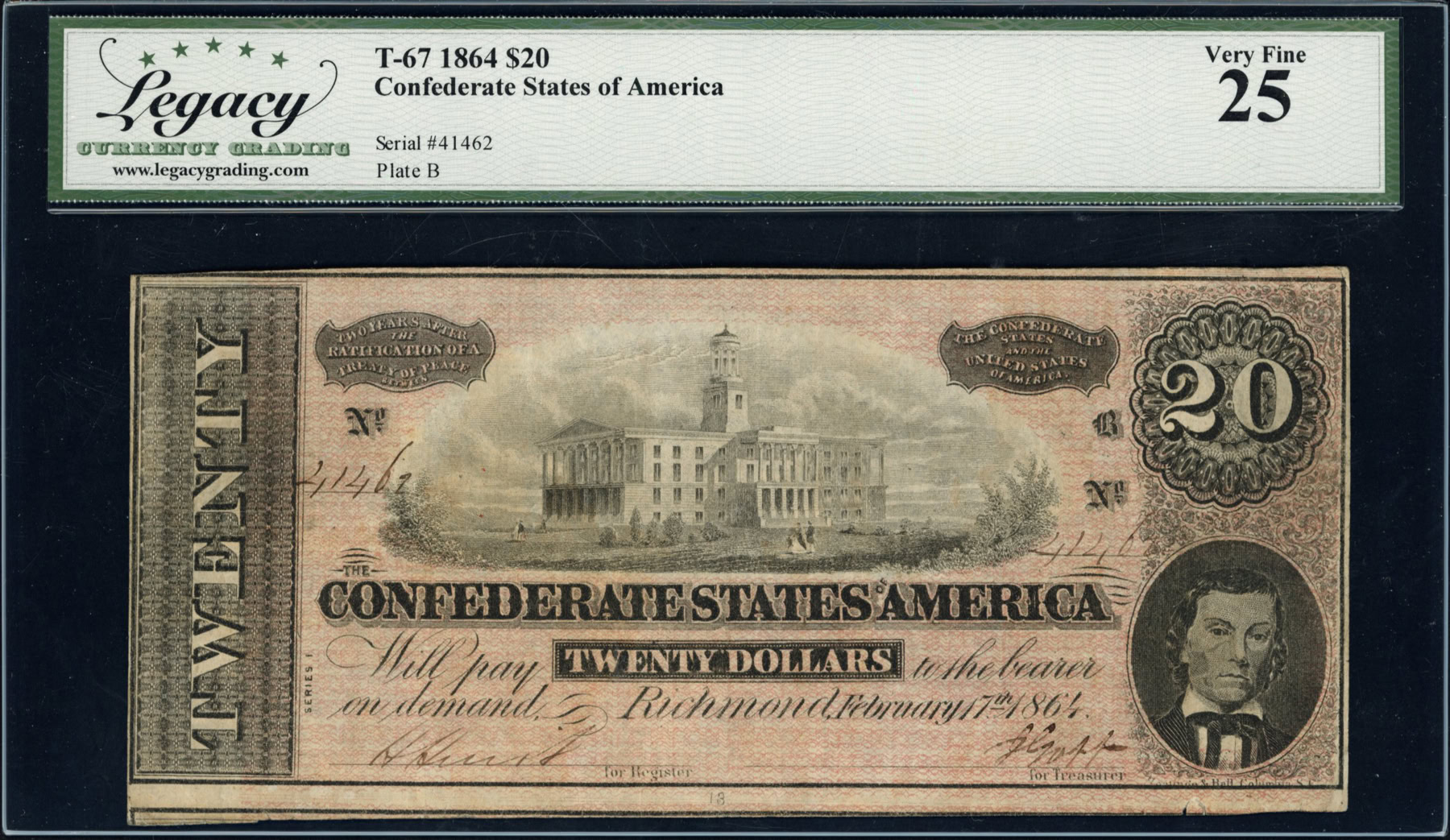 T-67 Confederate States of America 1864 $20 Note Legacy Very Fine 25 ...