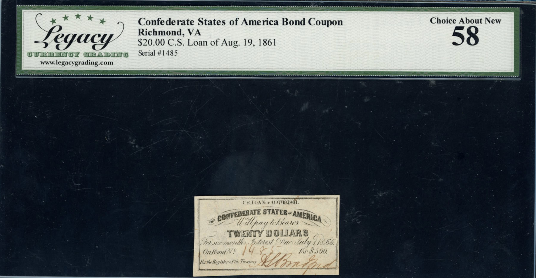 1861 Confederate States of America $20 Coupon Bond for $500 Due 1865 ...