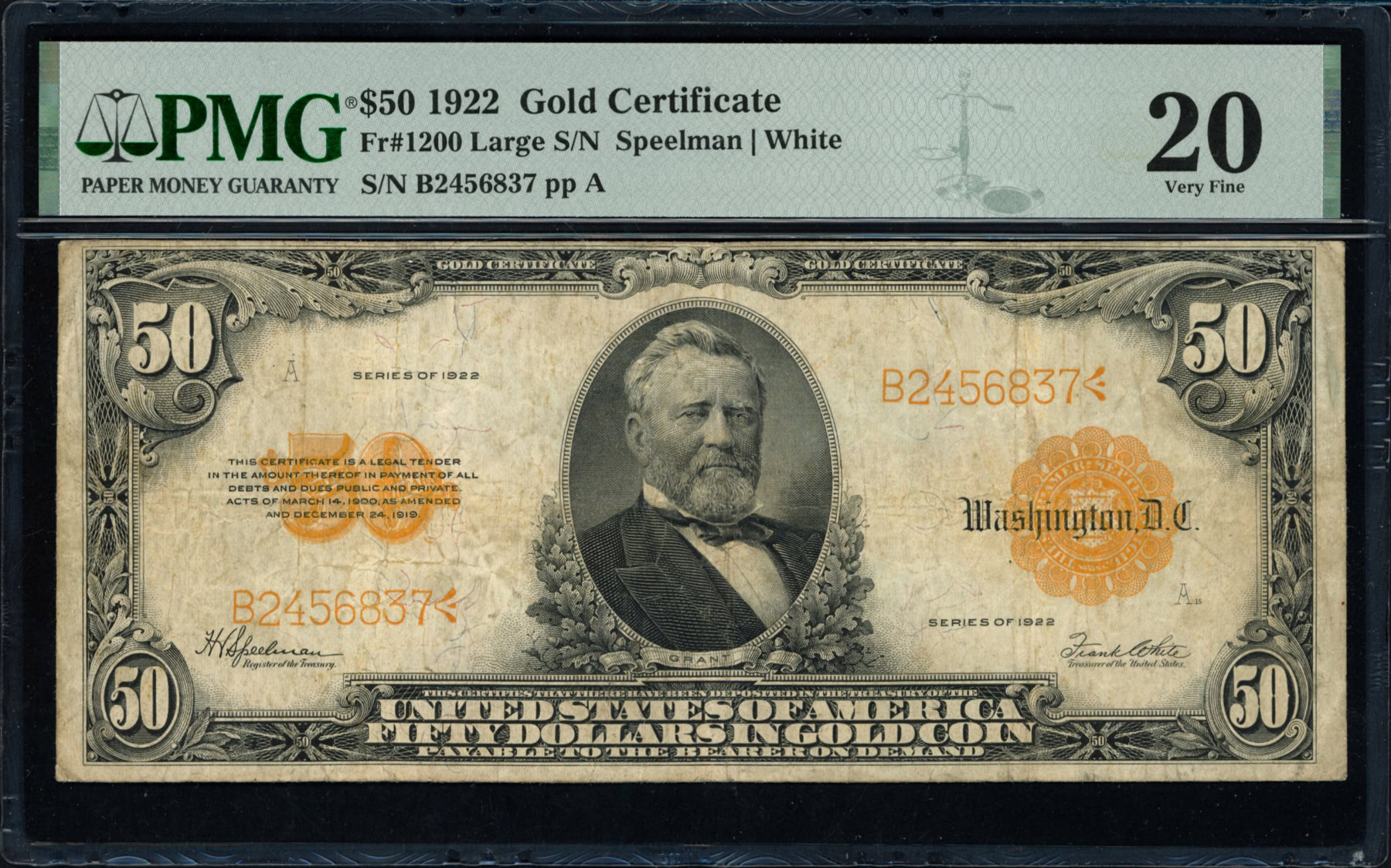 Fr. 1200 1922 $50 Gold Certificate Note Speelman / White PMG Very Fine ...
