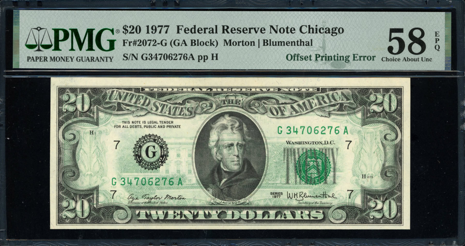 Fr. 2072-G (GA Block) 1977 $20 Chicago Federal Reserve Error Note ...