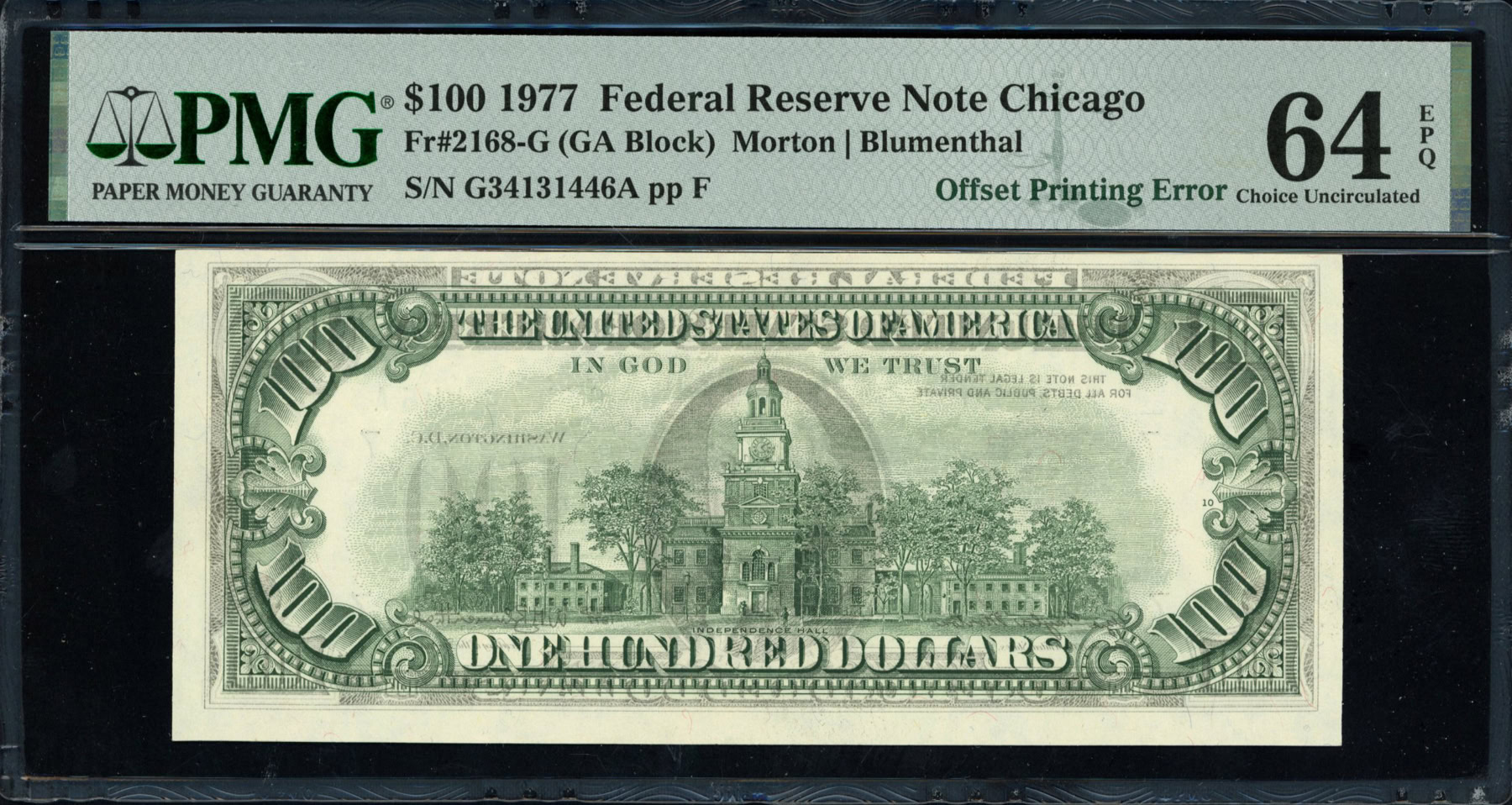 Fr. 2168-G (GA Block) 1977 $100 Chicago Federal Reserve Error Note ...