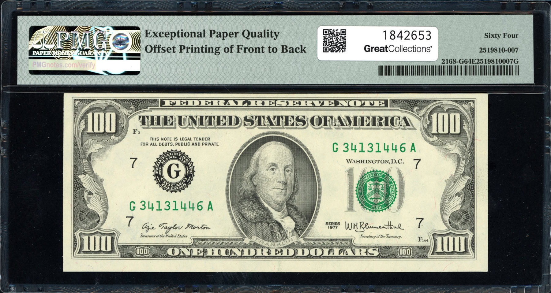 Fr. 2168-G (GA Block) 1977 $100 Chicago Federal Reserve Error Note ...