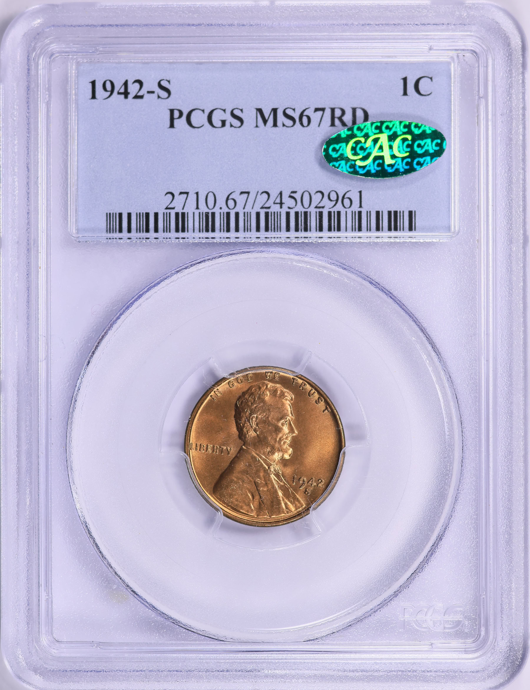 1942-S Lincoln Cent PCGS MS-67 RD (CAC Green) (Item 1842813) | GreatCollections Coin Auctions