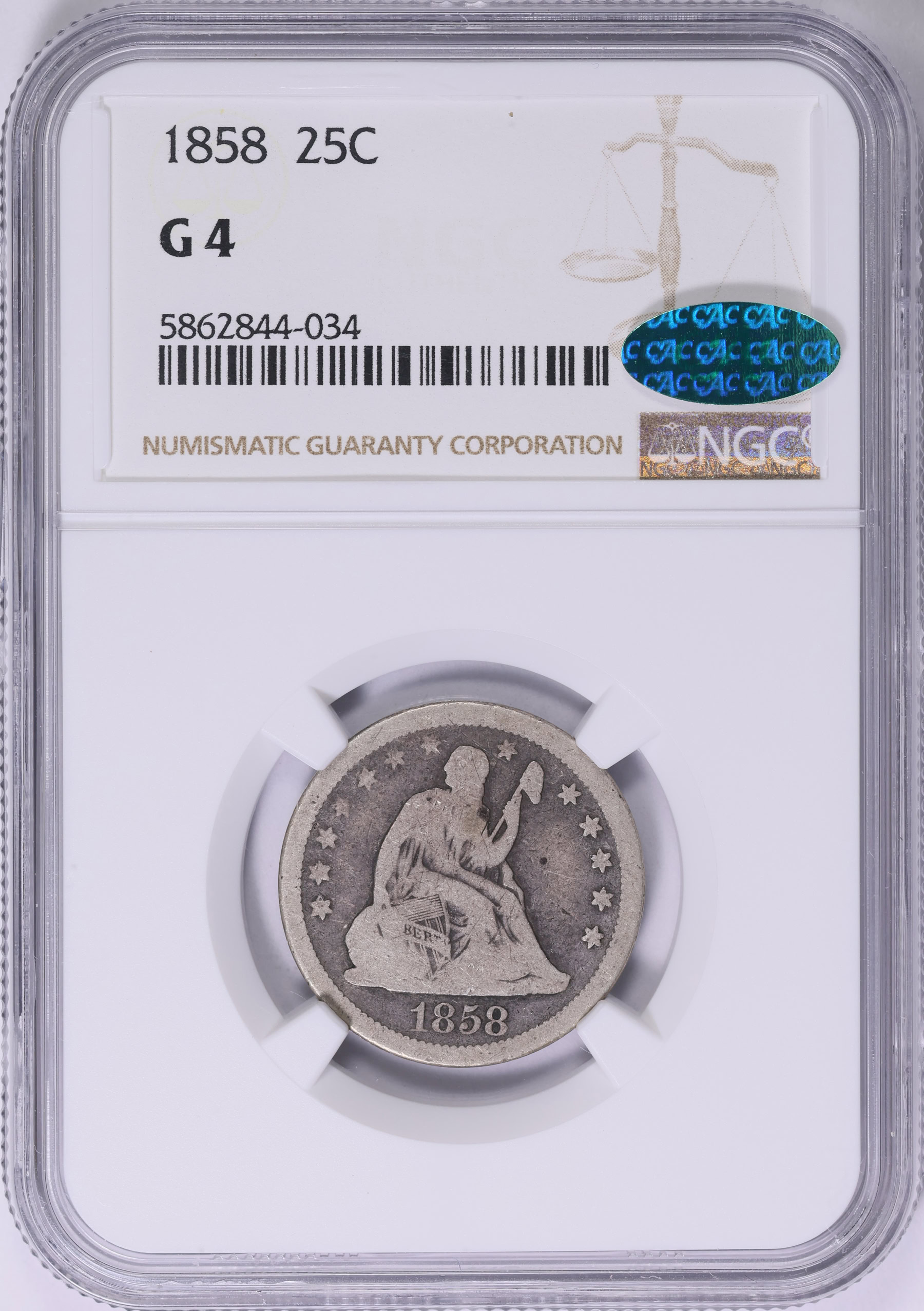 1858 Seated Liberty Quarter NGC G-04 (CAC Green) (Item 1842889) | GreatCollections Coin Auctions
