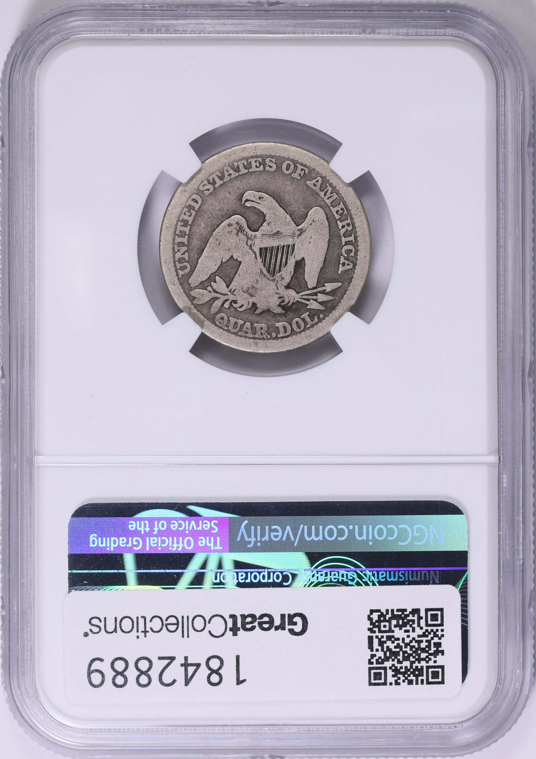 1858 Seated Liberty Quarter NGC G-04 (CAC Green) (Item 1842889) | GreatCollections Coin Auctions