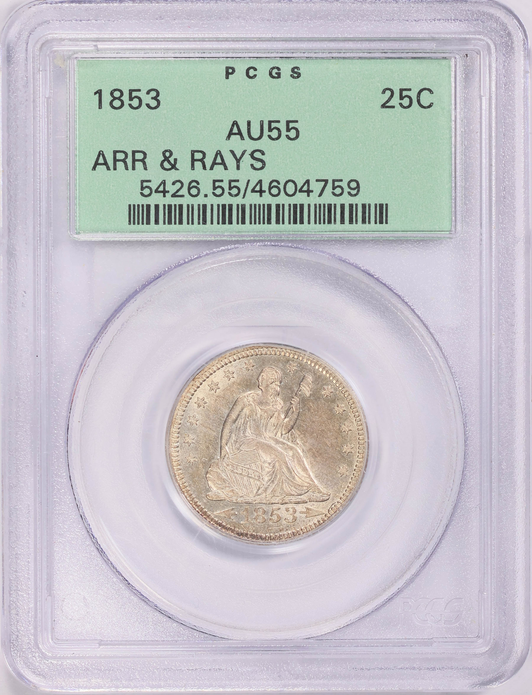 1853 Seated Liberty Quarter Arrows and Rays PCGS AU-55 OGH (Item 1842946) | GreatCollections ...
