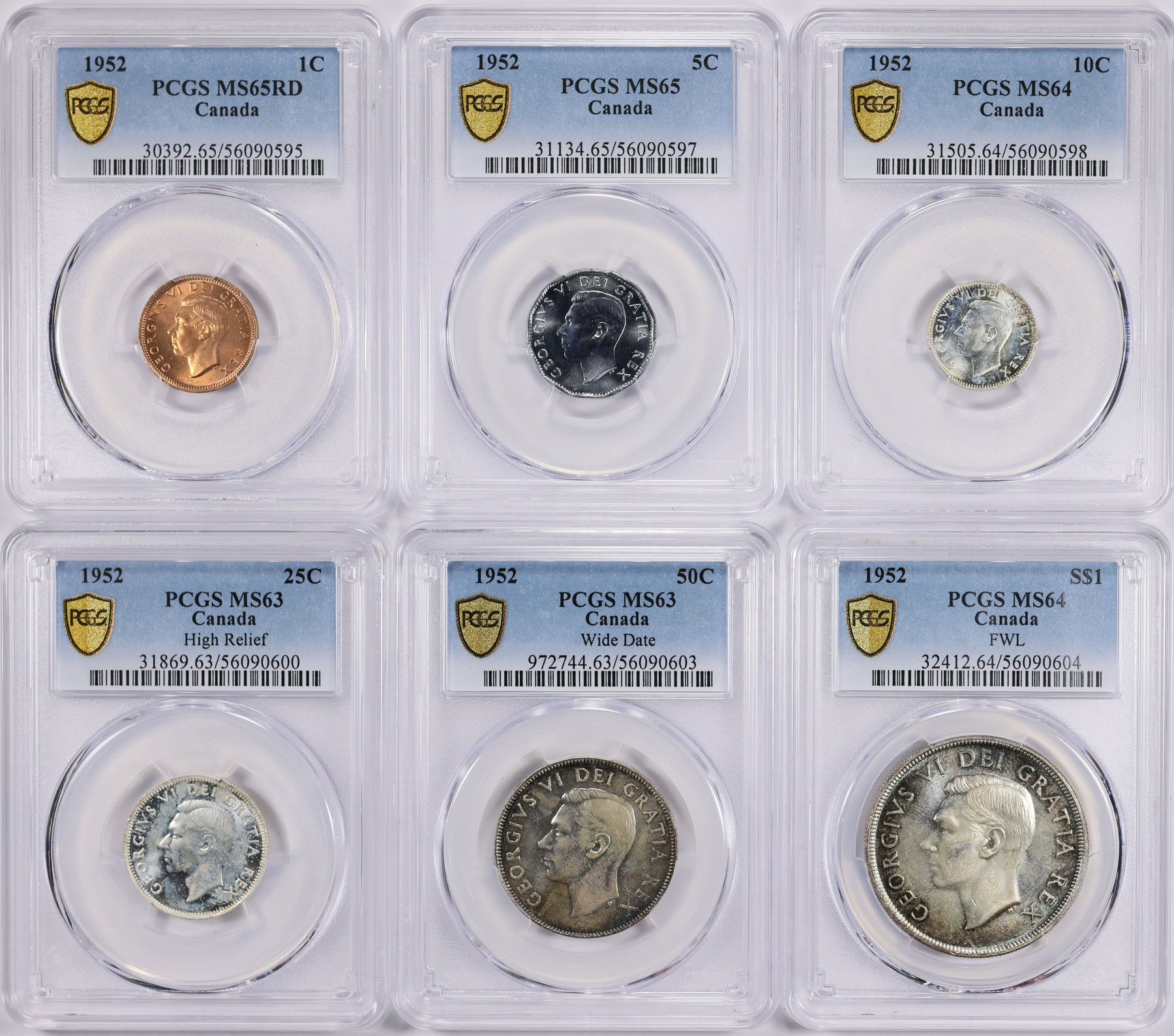 Canada 1952 1c-$1 Mint Set PCGS MS-63 to MS-65 RD (6 Coins) (Toned ...