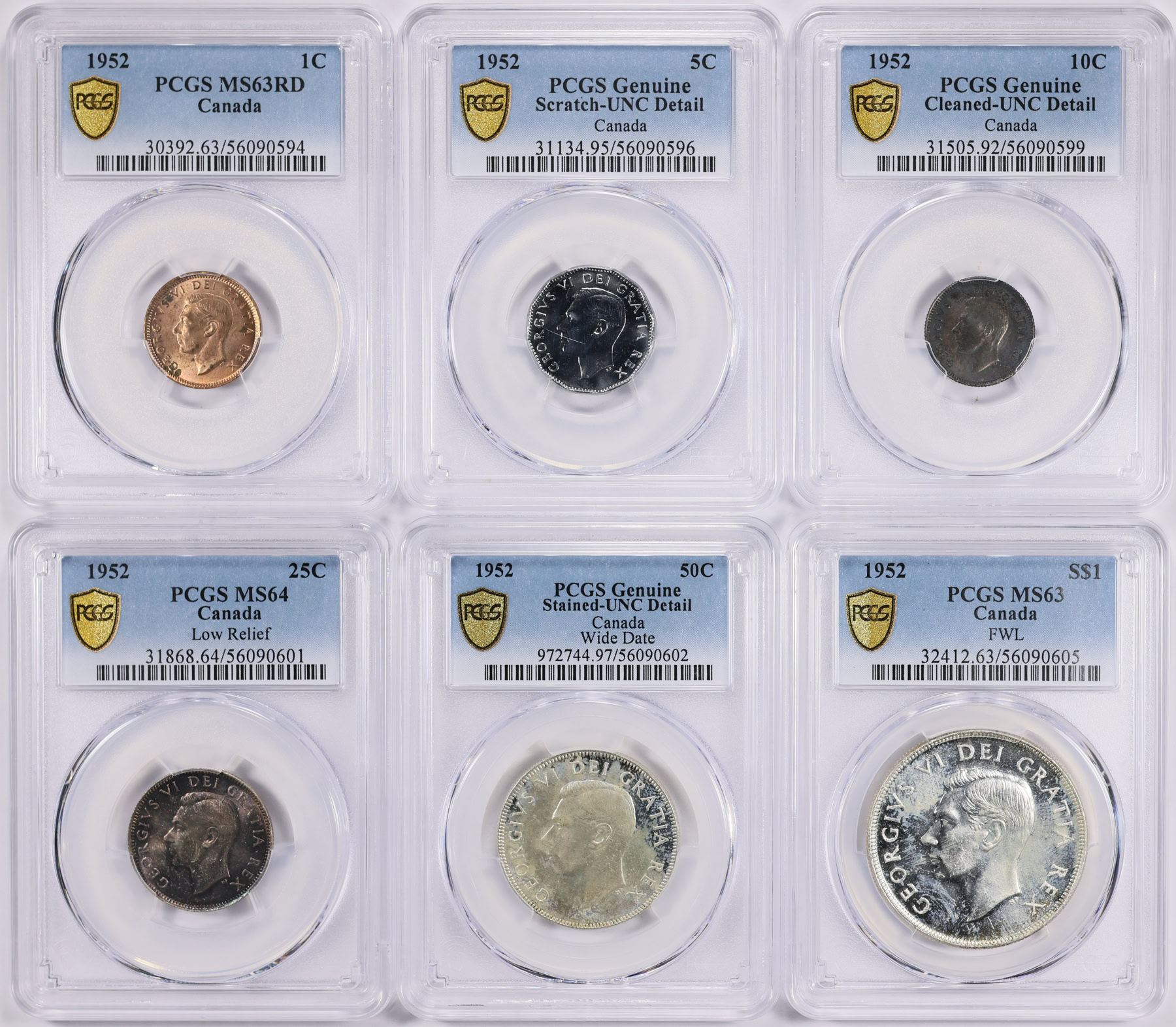 Canada 1952 1c-$1 Mint Set PCGS Genuine Unc Details to MS-64 (6 Coins ...